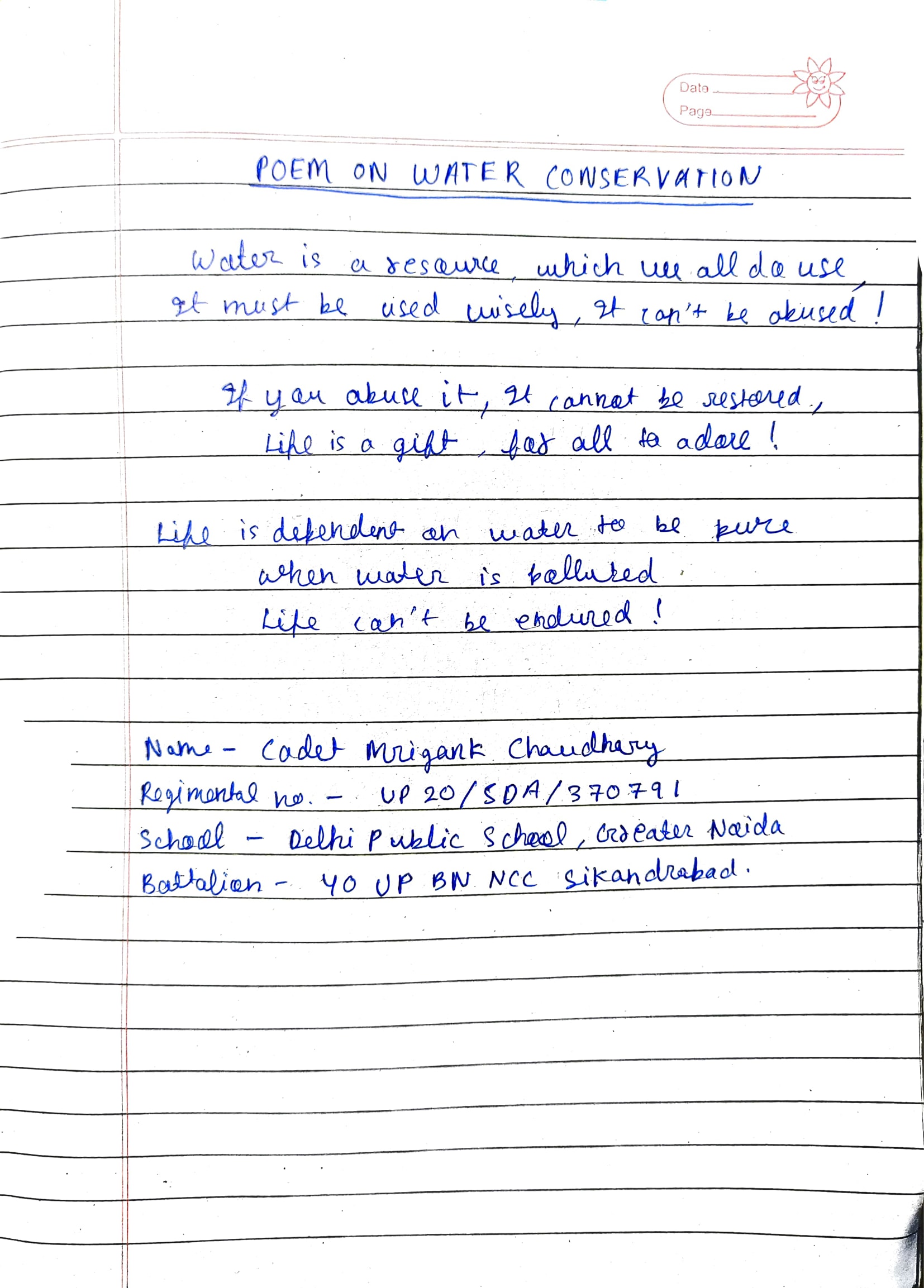 Poem on Water Conservation by Mrigank Chaudhary – India NCC