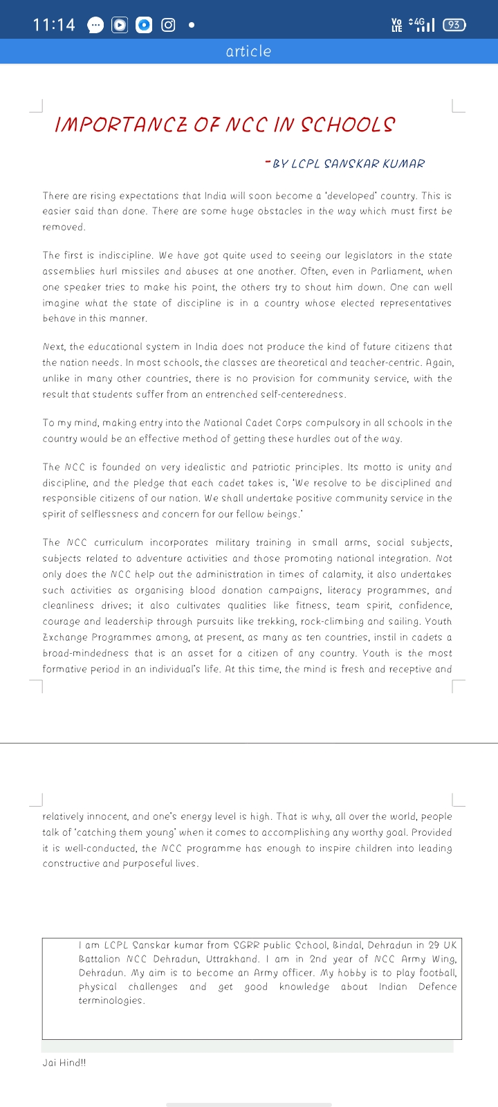 Importance of NCC in schools – India NCC