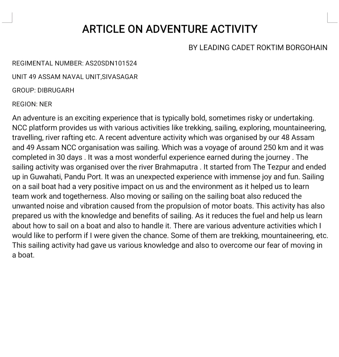 Article on Adventure activity – India NCC