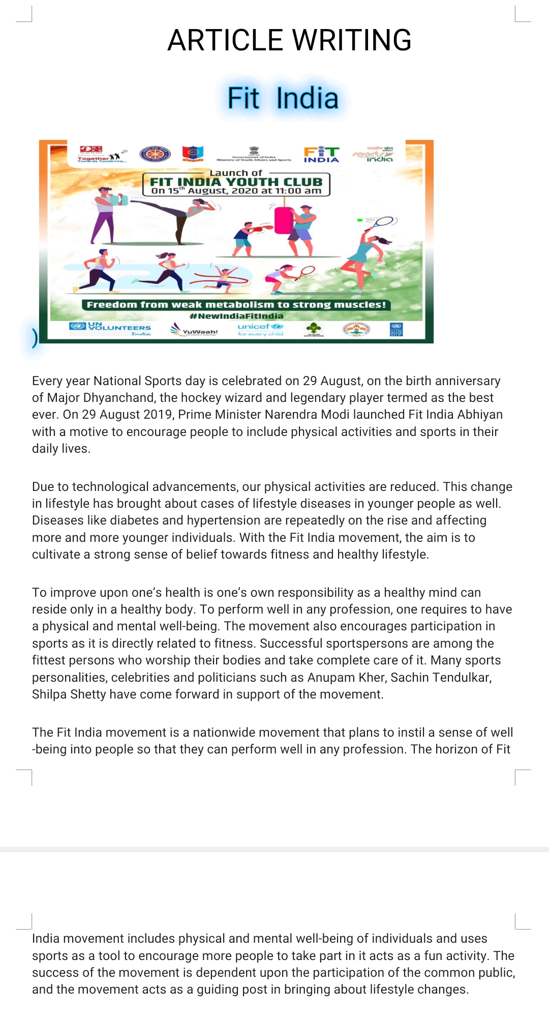 Article writing on Fit India – India NCC