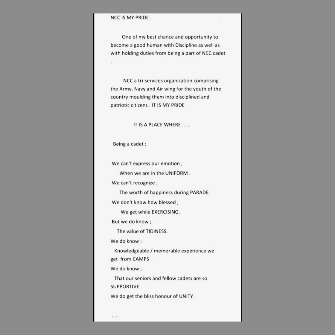 Poem on camp experience – India NCC