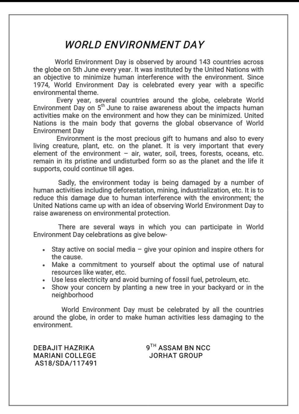 World environment day – India NCC