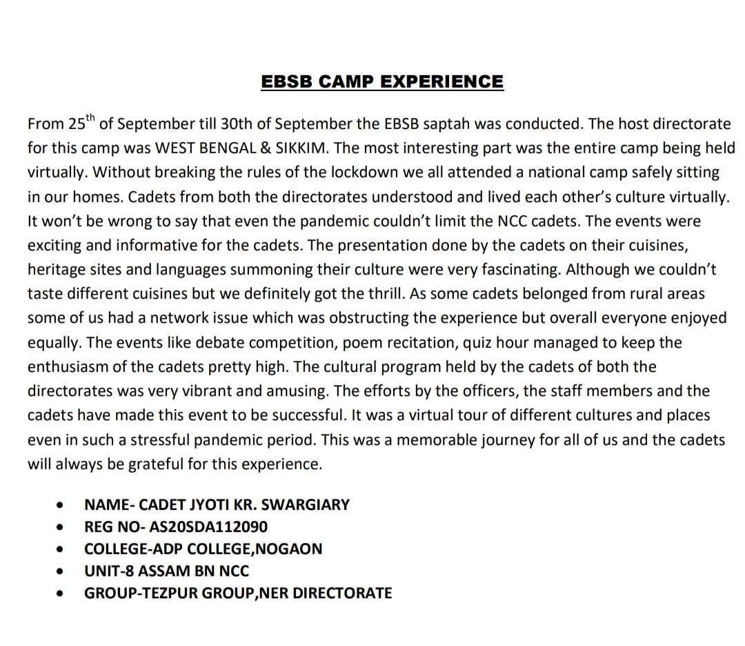 EBSB CAMP EXPERIENCE – India NCC