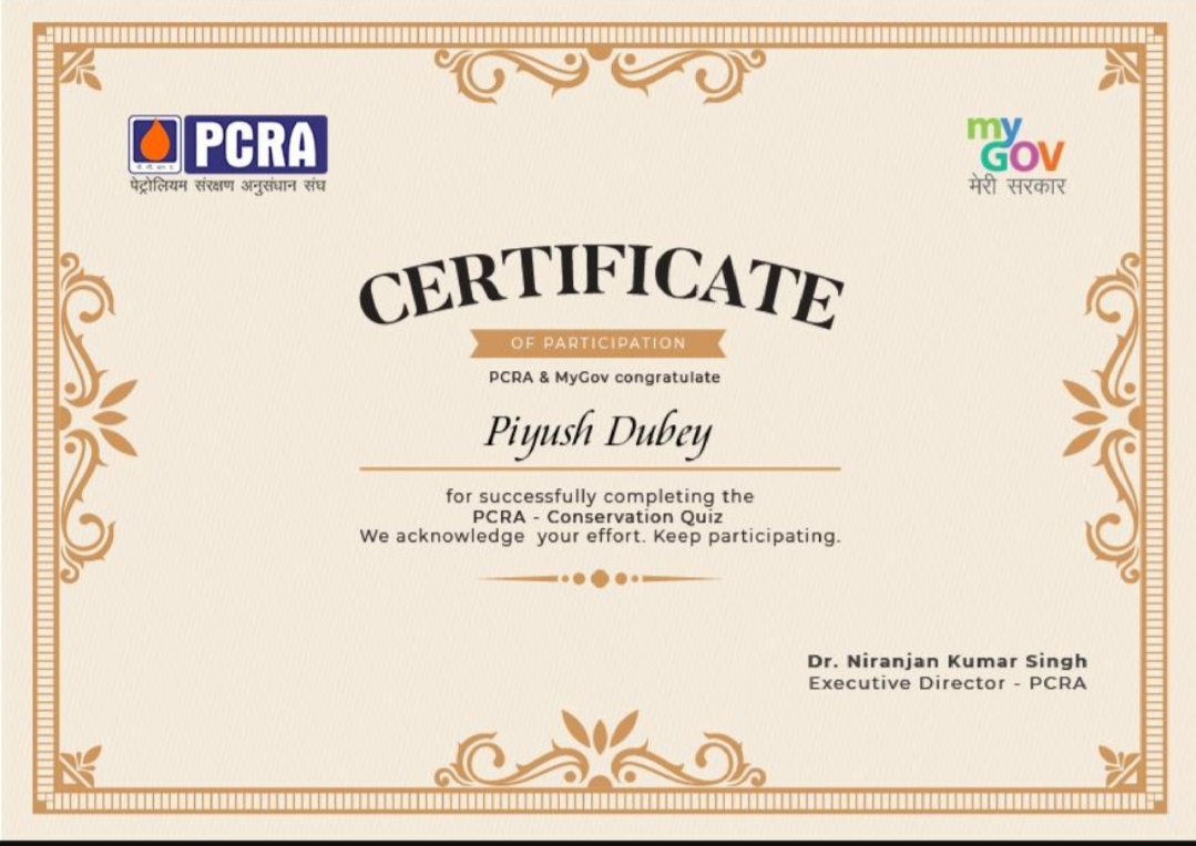 Certificate of quiz for PCRA – India NCC