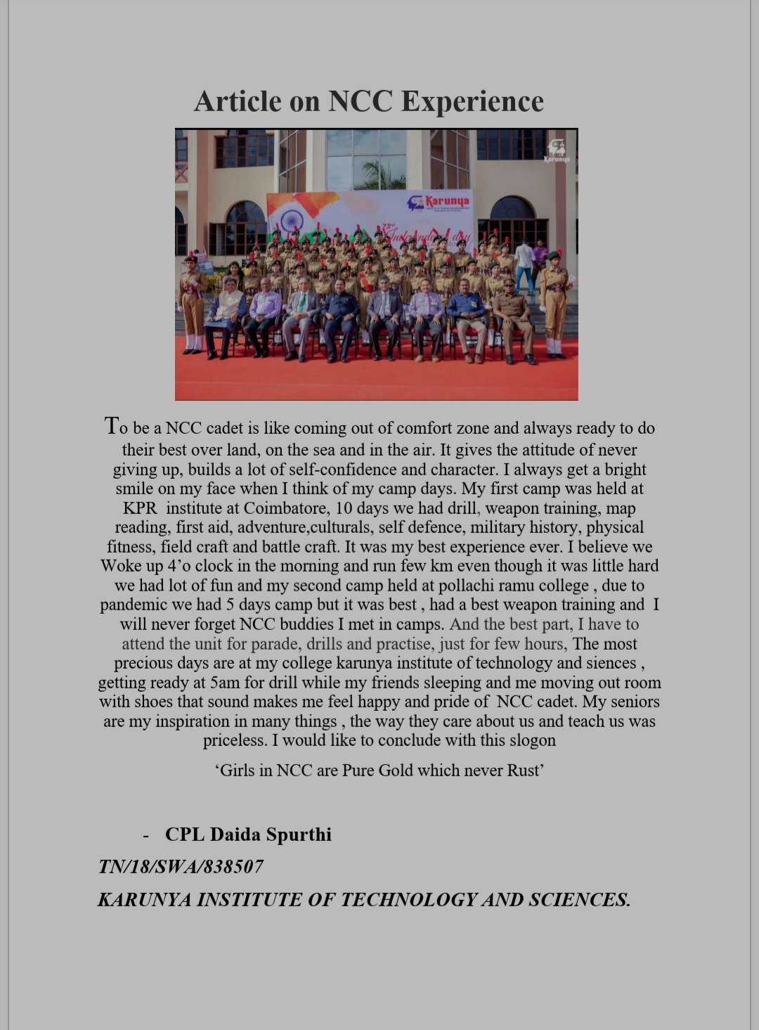 Article on NCC experience – India NCC