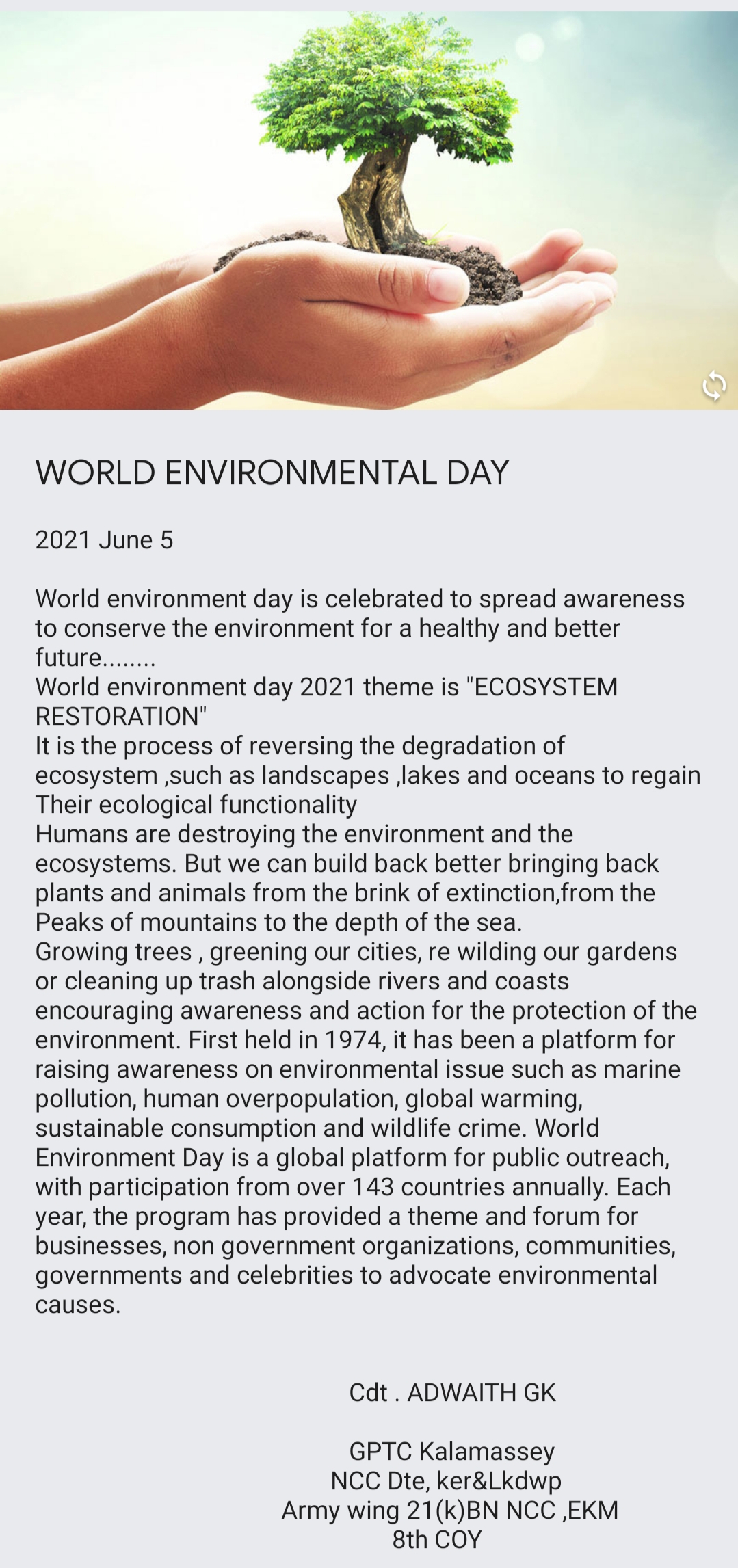 June 5 World environmental day , article – India NCC