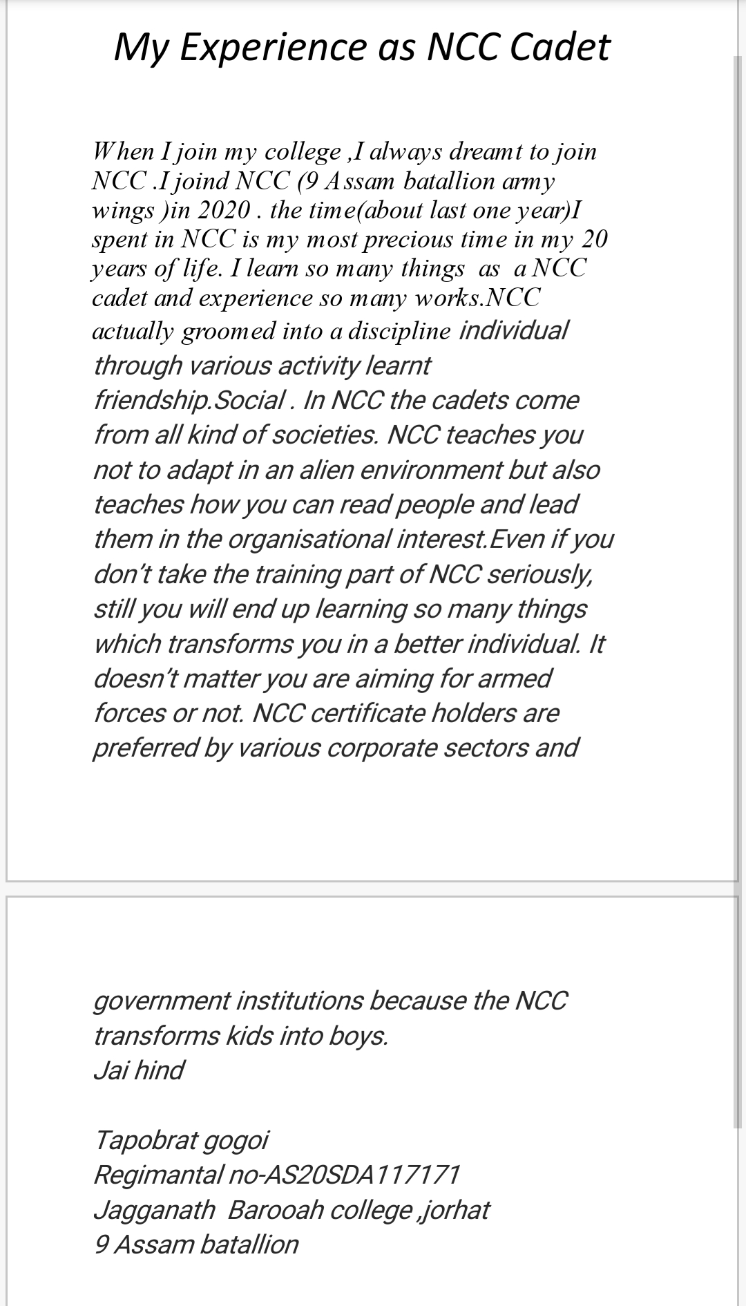 MY NCC EXPERIENCE – India NCC