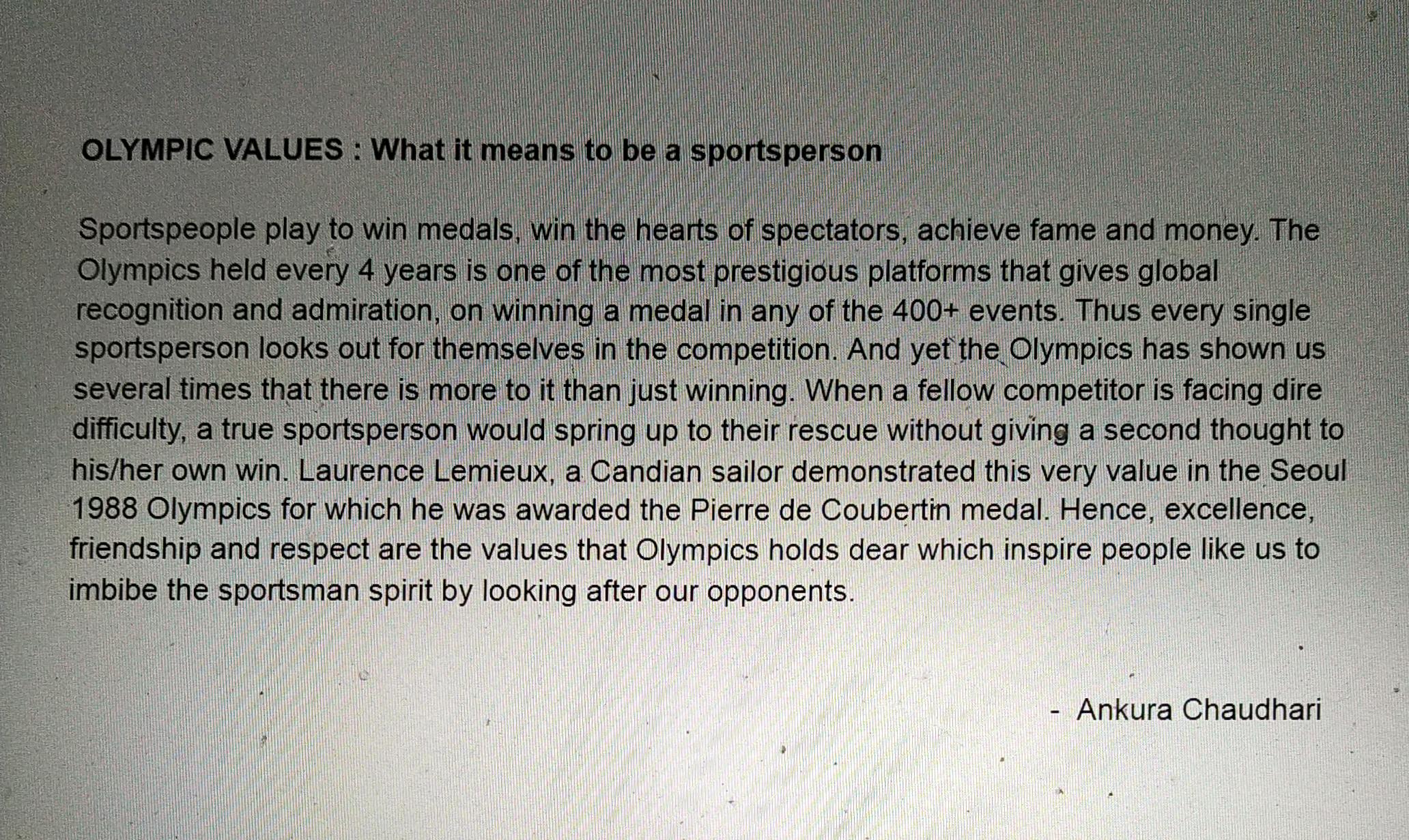 Write ups on importance of Olympic values – India NCC