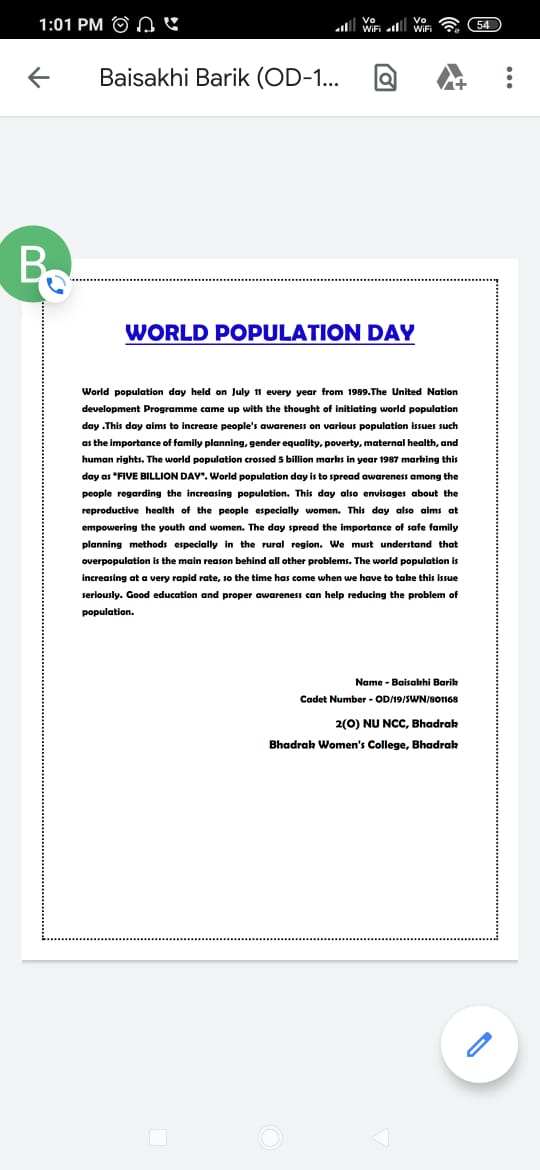 World population day – India NCC