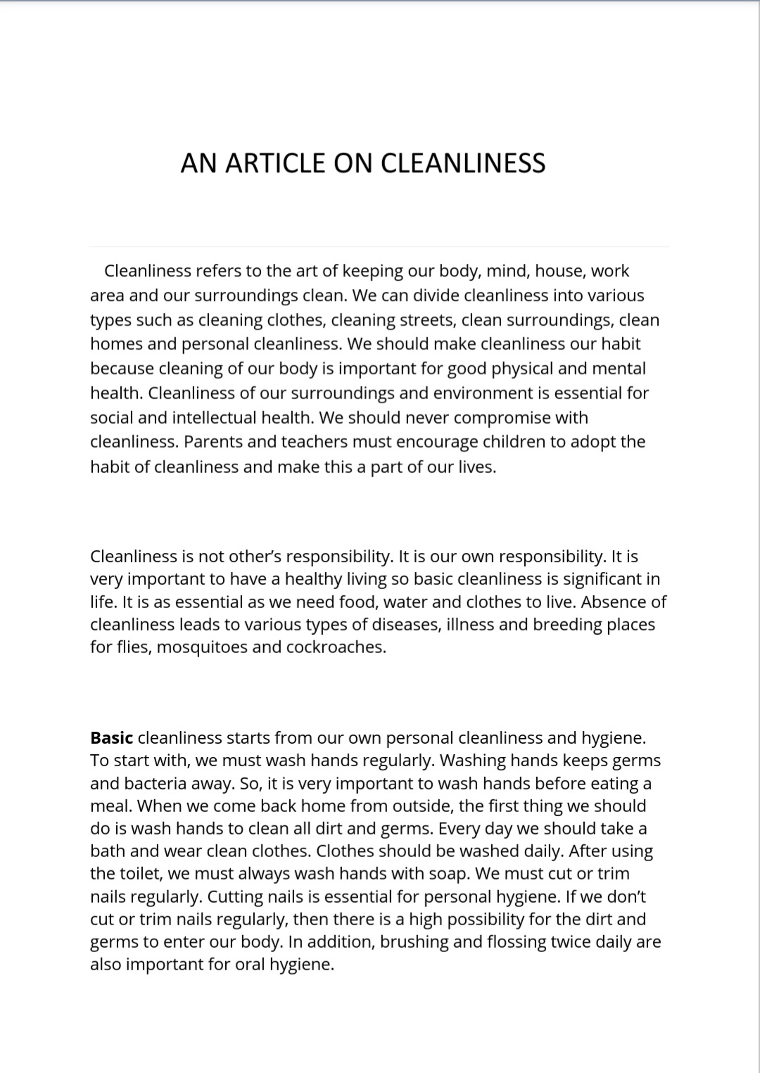 Article on cleanliness – India NCC