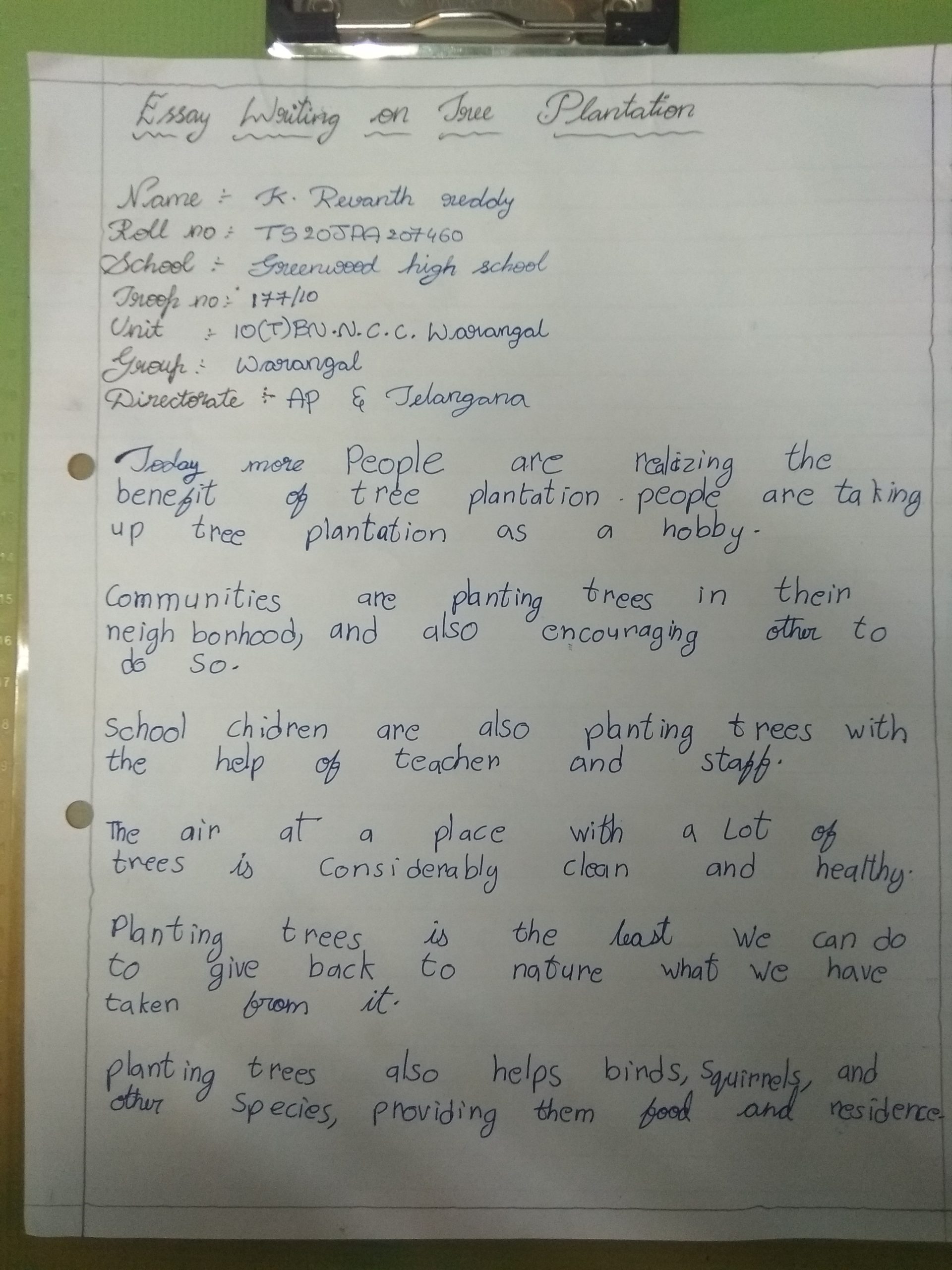 Essay writing on tree plantation – India NCC
