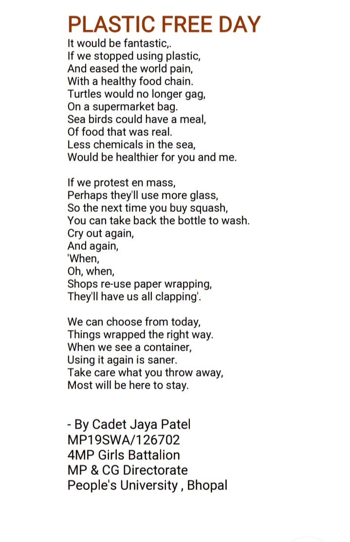 Poem on Plastic Free Day – India NCC