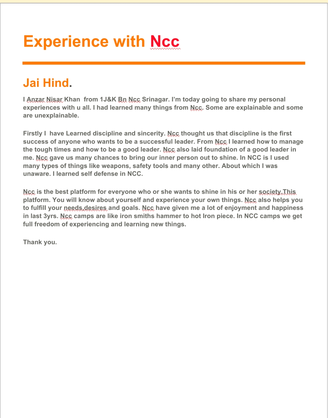 Experience with NCC – India NCC