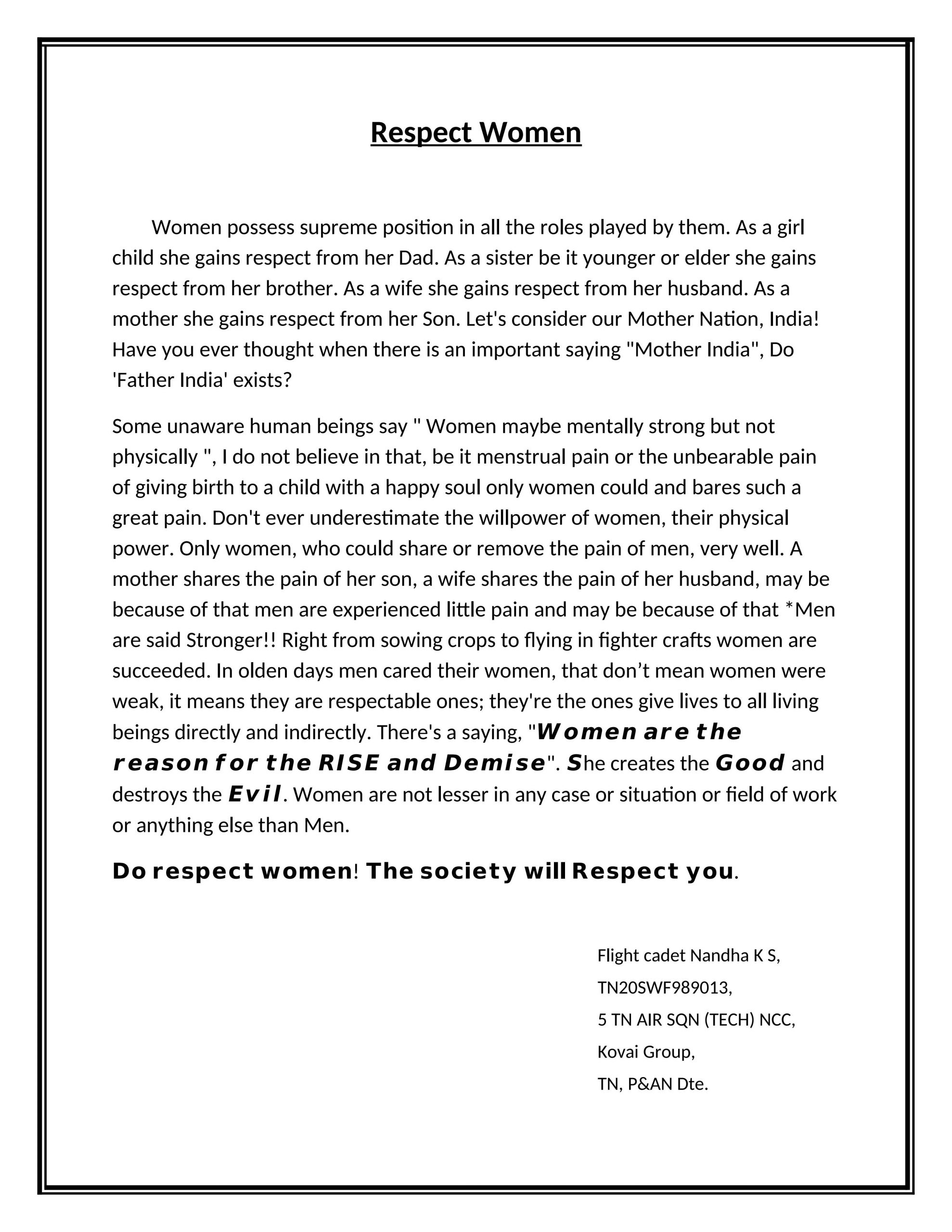 Awareness on Women Respect – India NCC