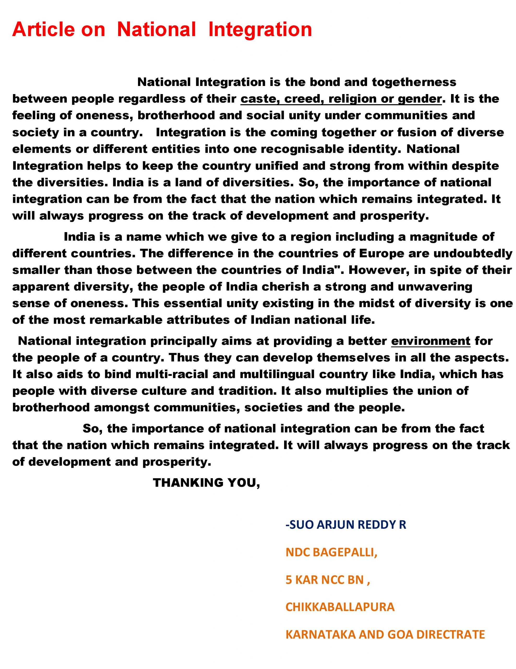 NATIONAL INTEGRATION – India NCC