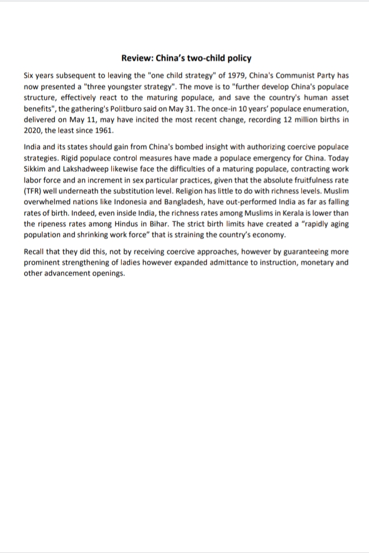 Article on Review: China's two-child policy – India NCC