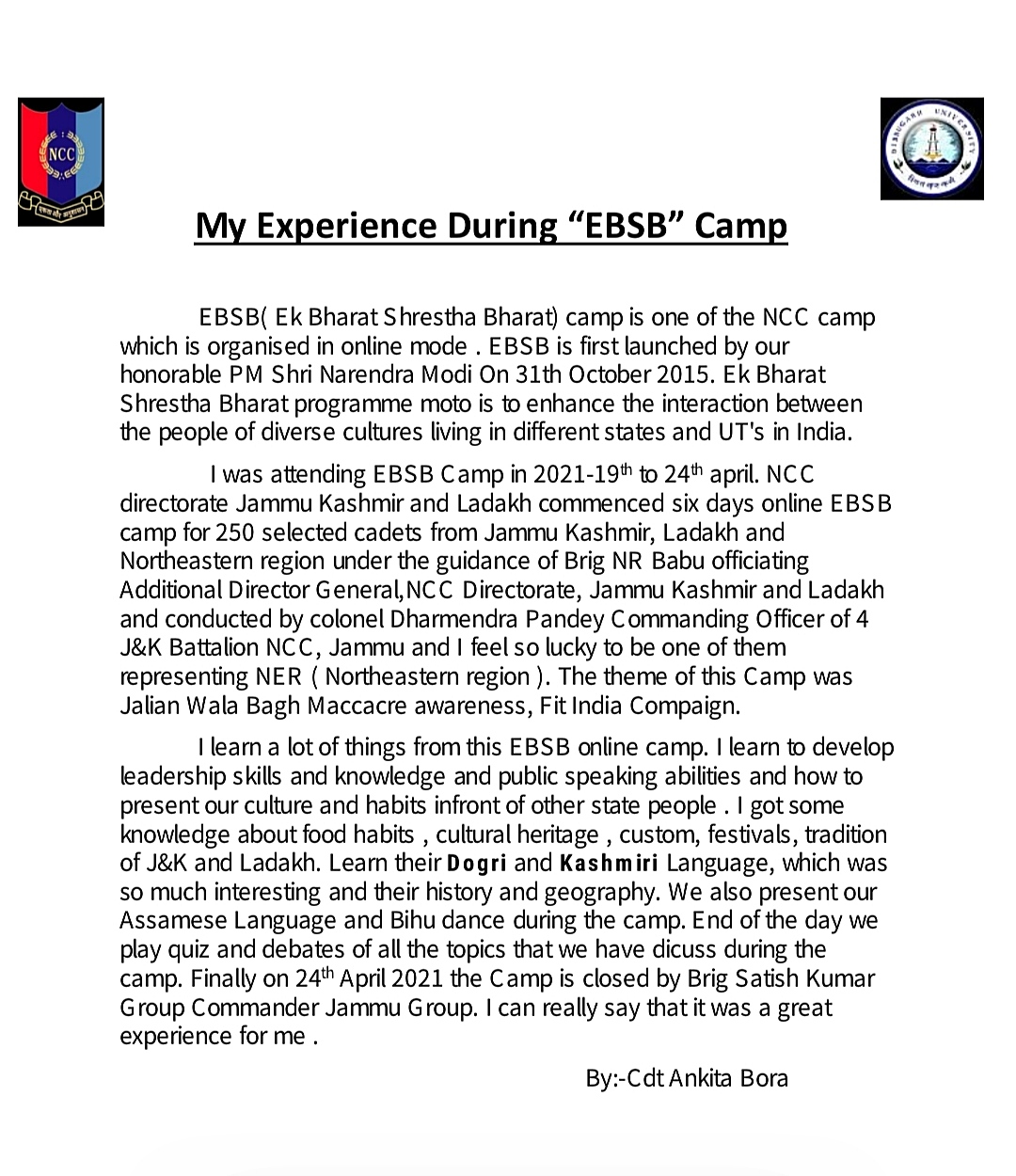 Experience During EBSB Camp – India NCC