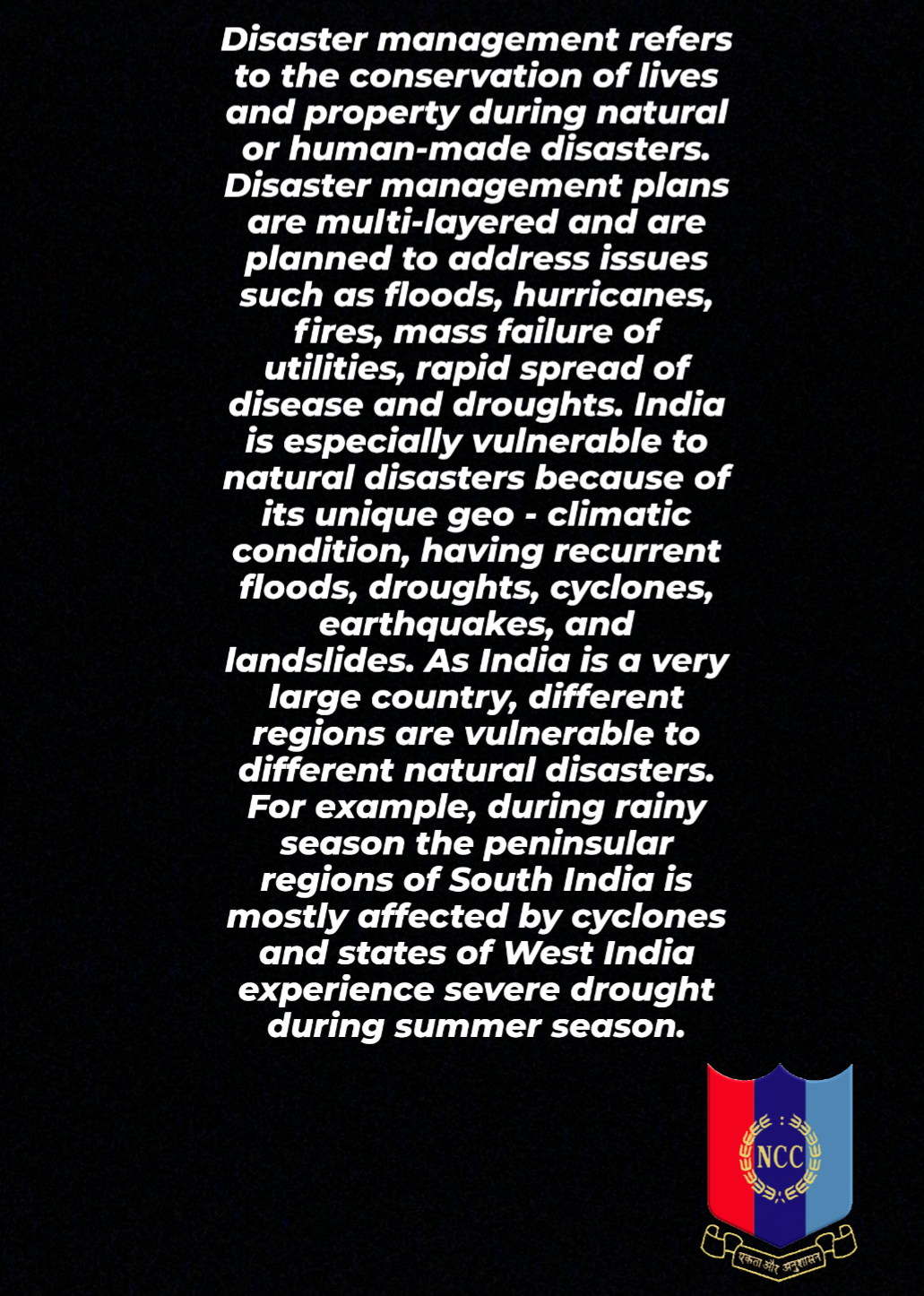 ARTICLE ON THE DISASTER MANAGEMENT IN INDIA – India NCC