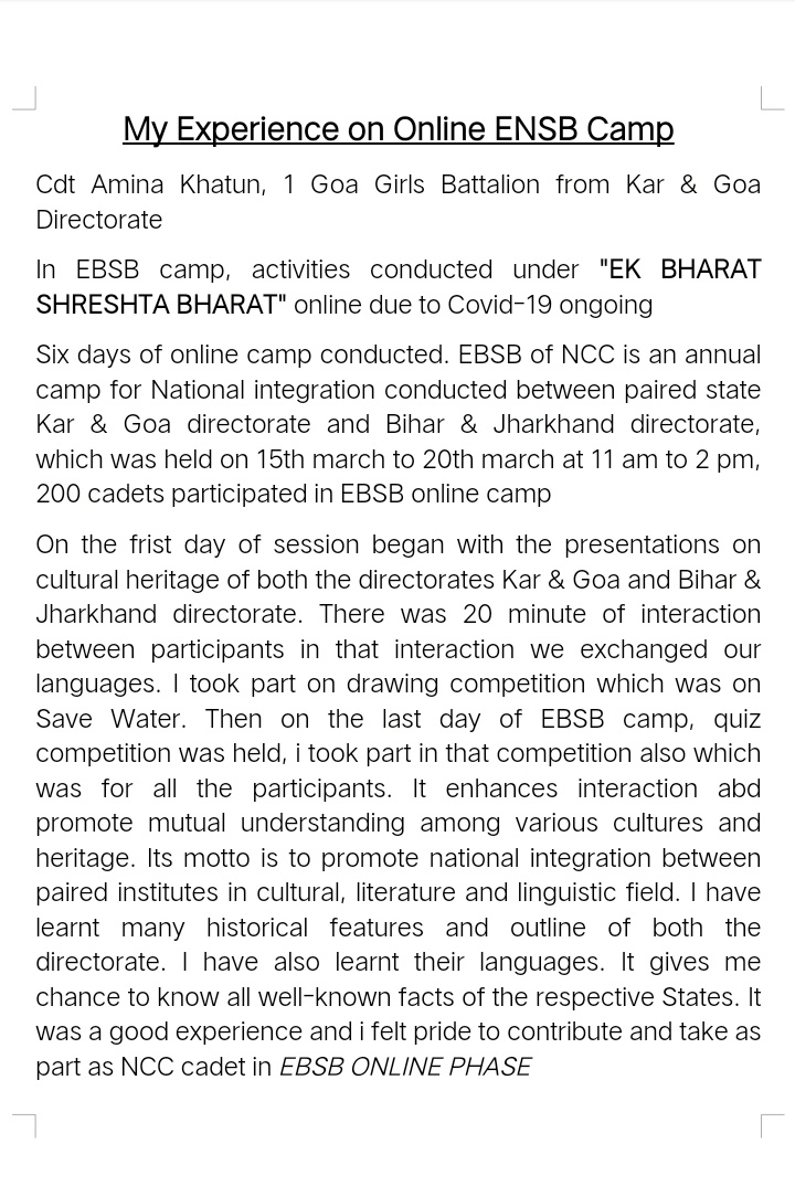 Experience on EBSB Camp – India NCC