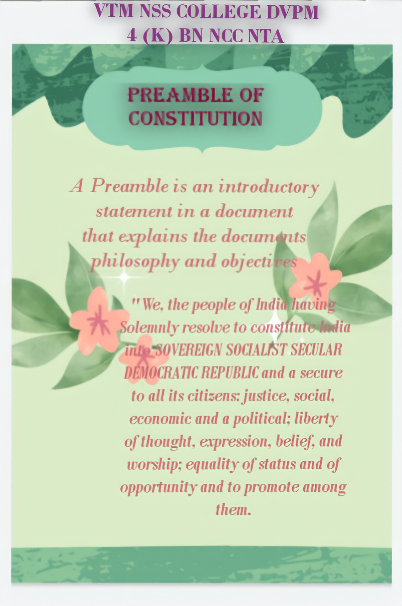 Preamble of constitution – India NCC