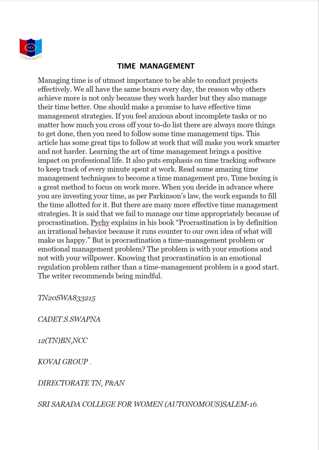 TIME MANAGEMENT – India NCC