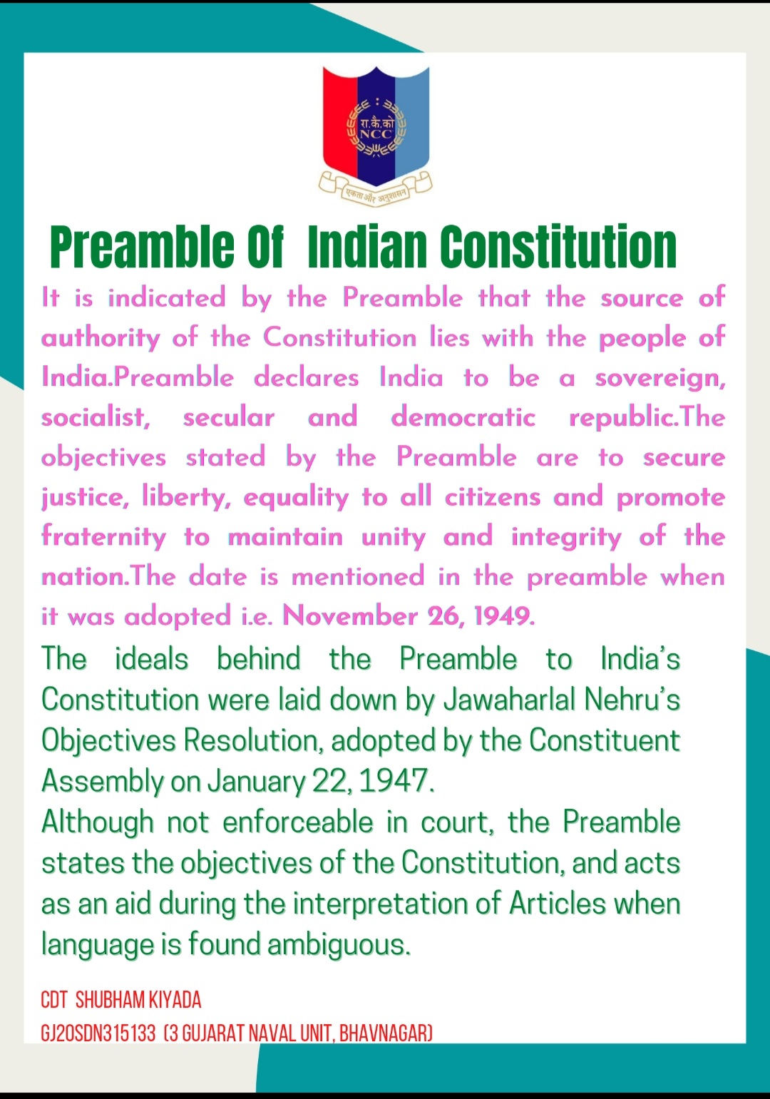 Poster on preamble of India – India NCC