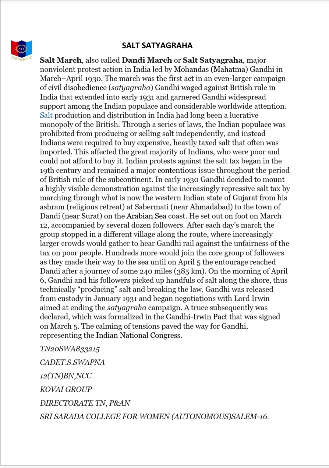 SALT SATYAGRAHA – India NCC