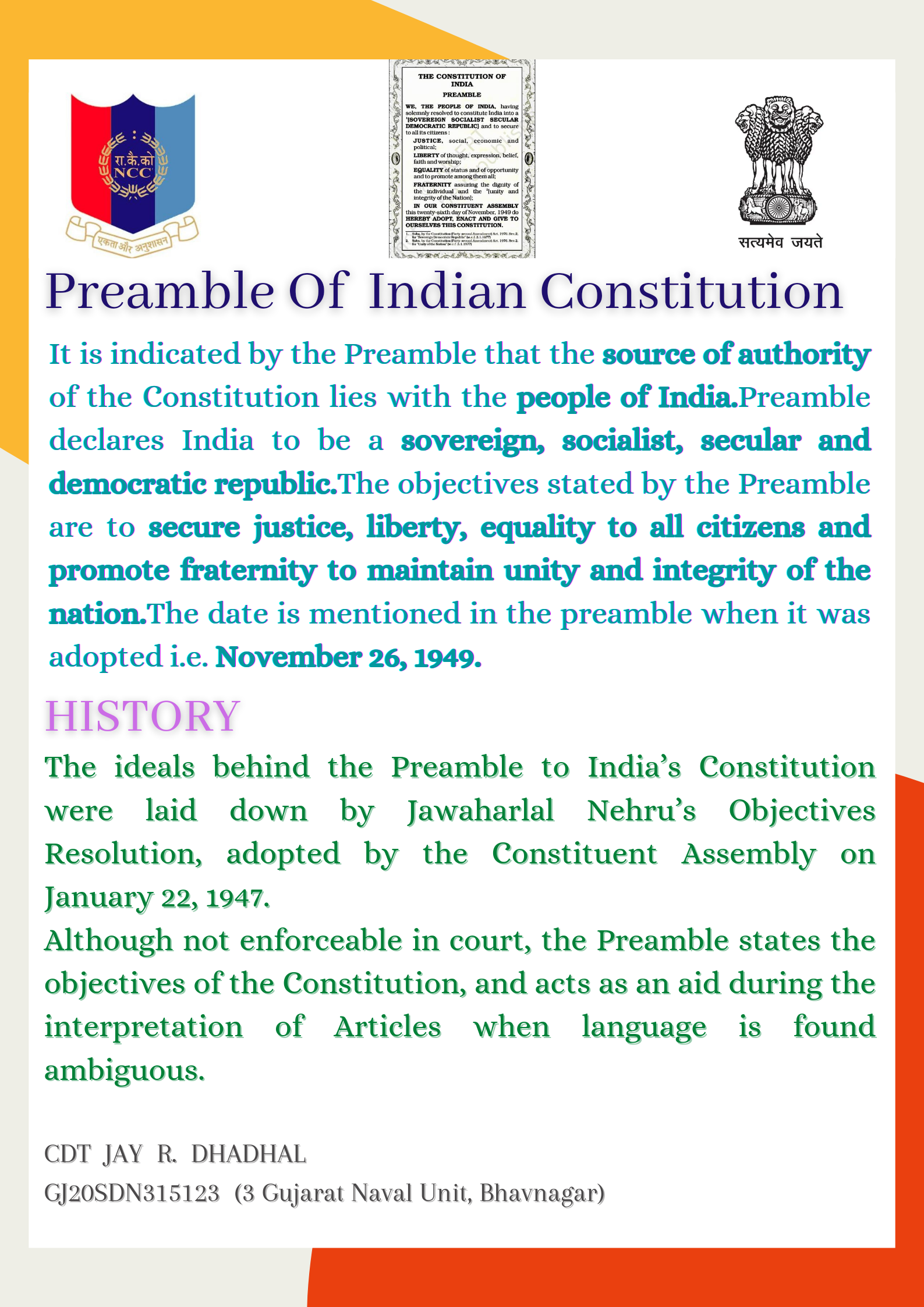 Poster on Preamble of India – India NCC