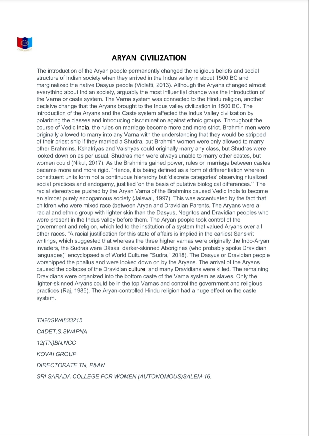 ARYAN CIVILIZATION – India NCC