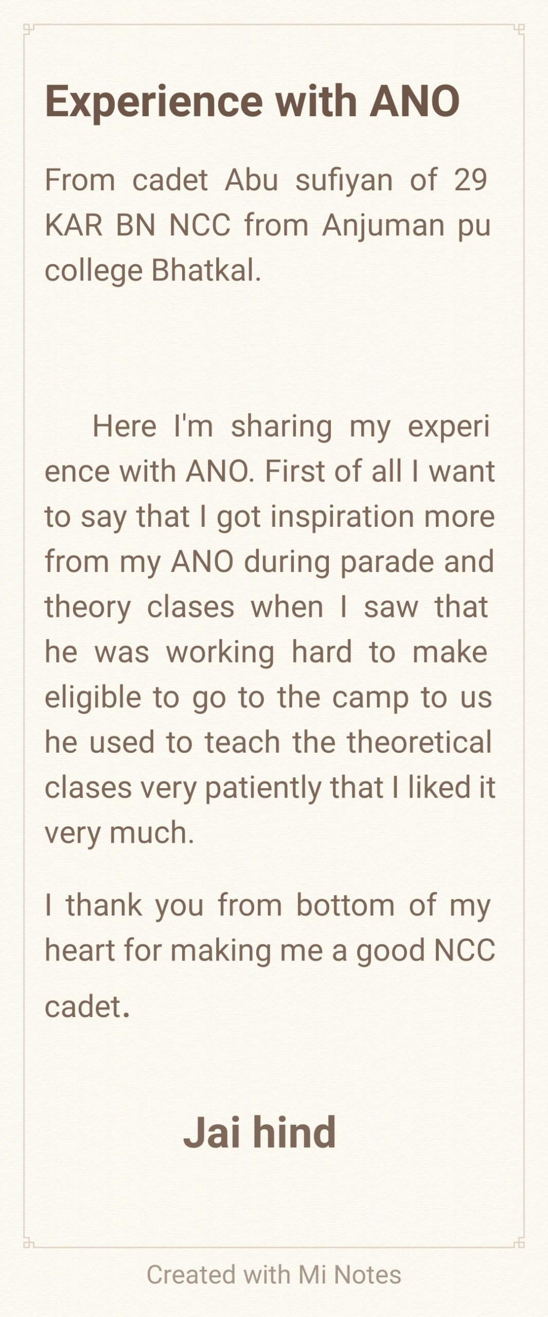 Experience with ANO – India NCC