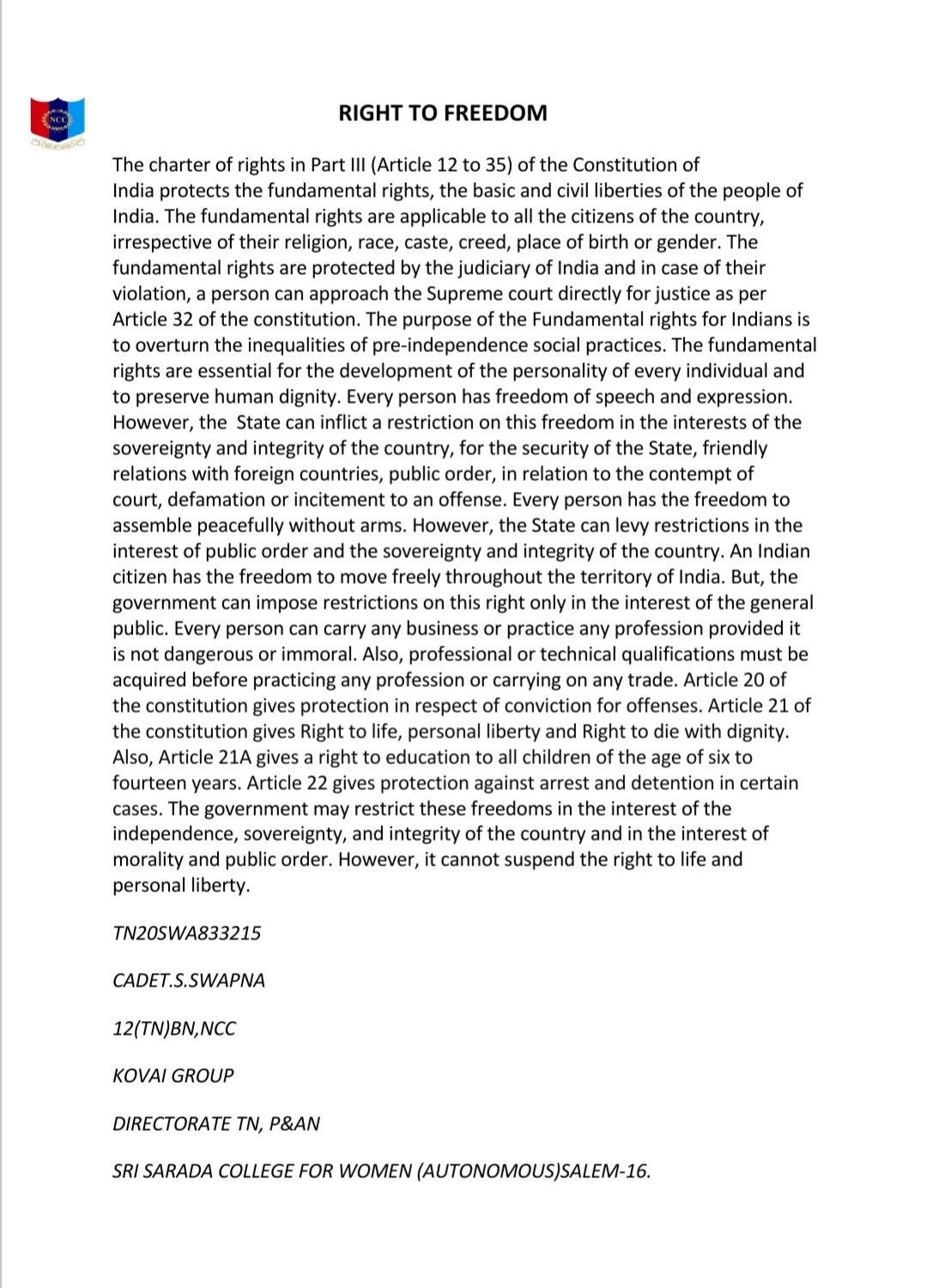 RIGHT TO FREEDOM – India NCC