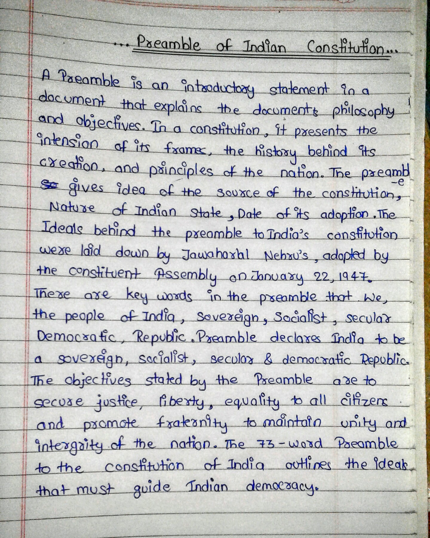 PREAMBLE OF INDIAN CONSTITUTION – India NCC