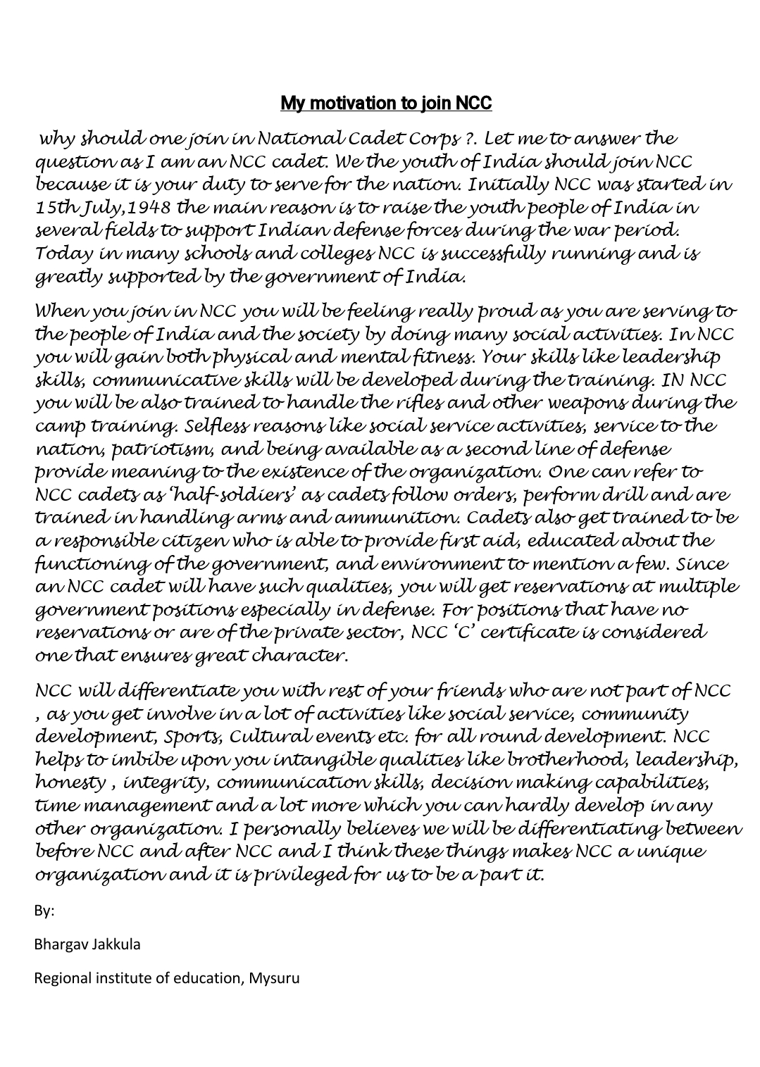 My motivation to join NCC – India NCC