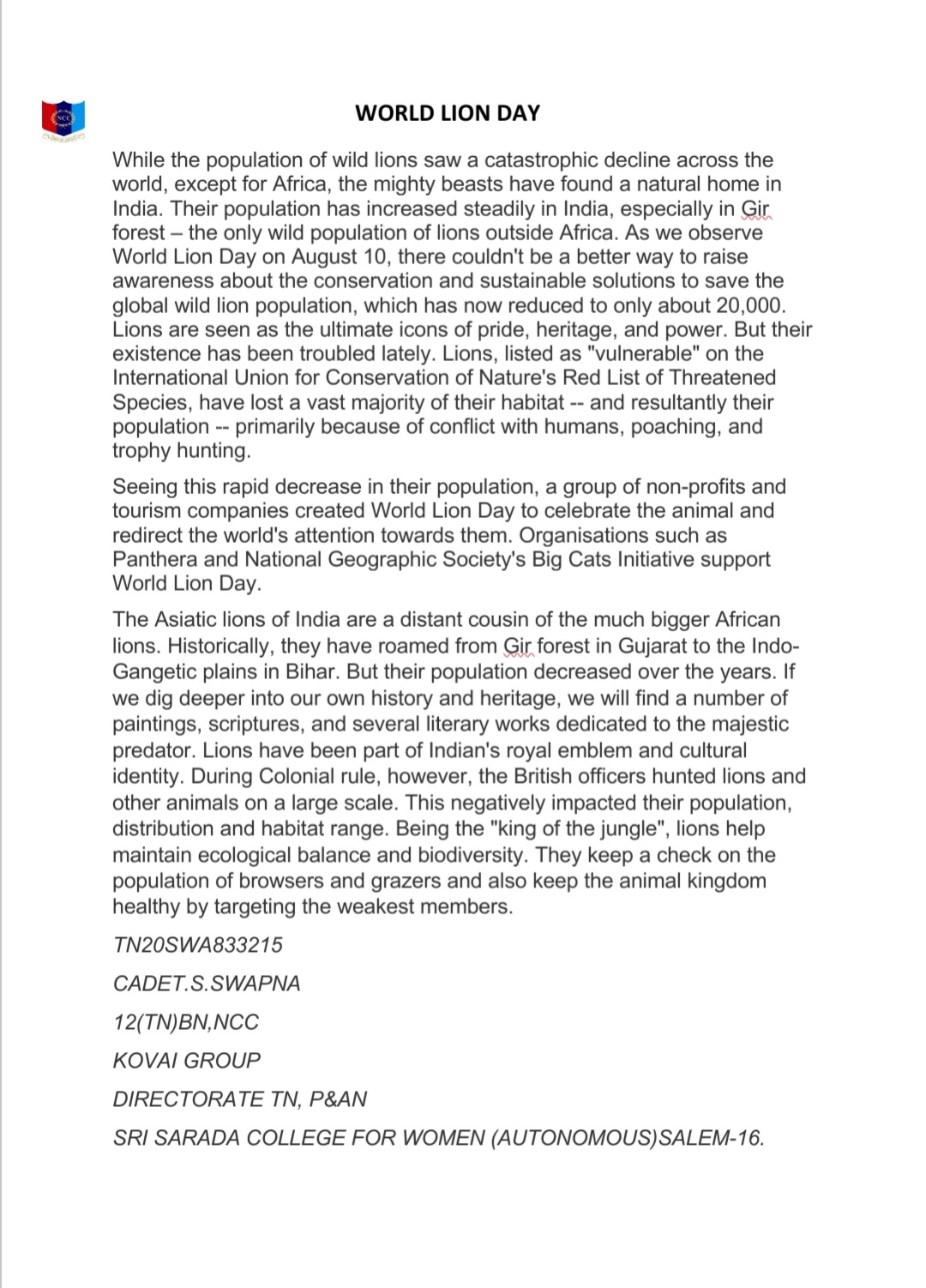 WORLD LION DAY – India NCC