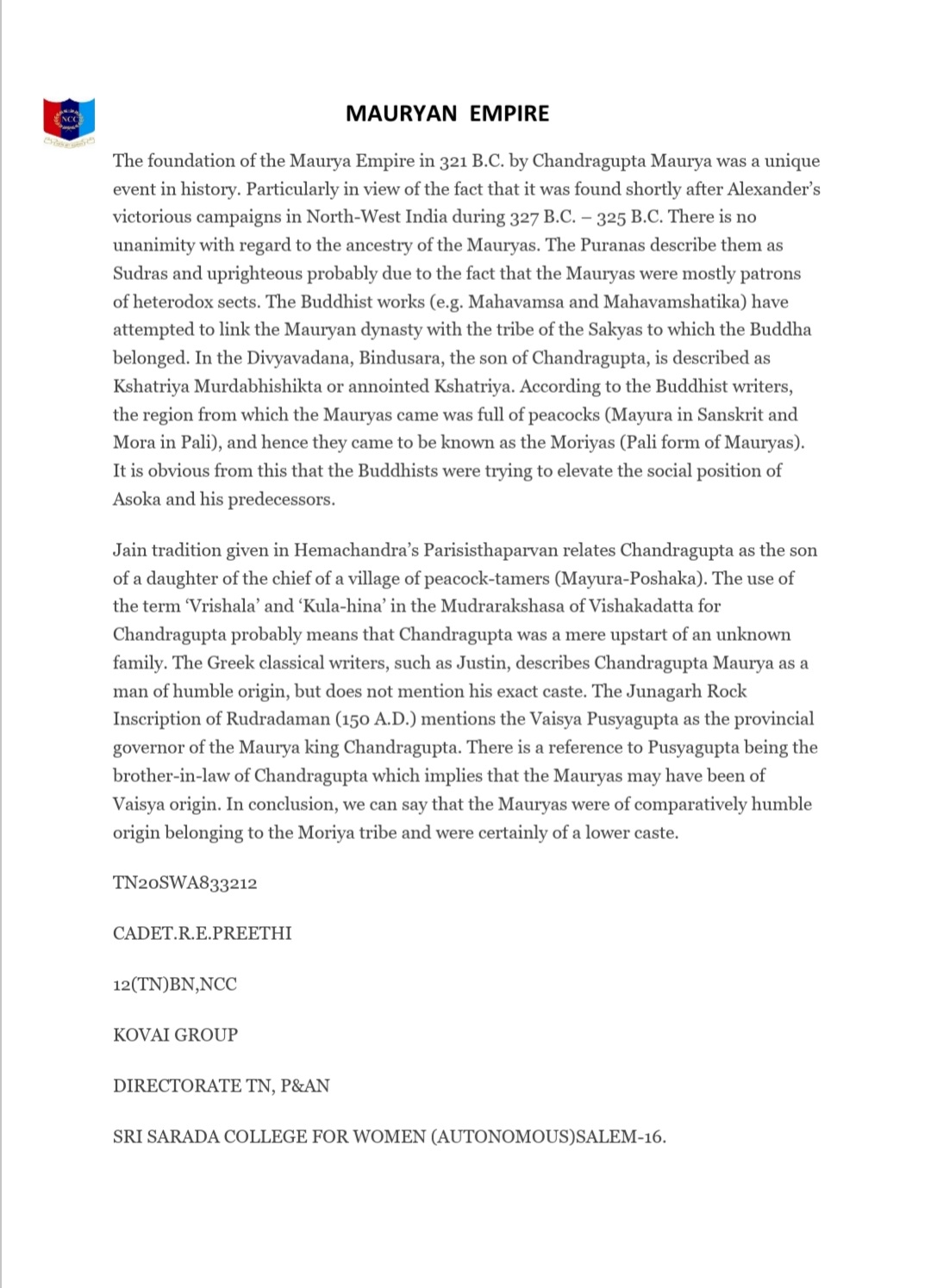 MAURYAN EMPIRE – India NCC