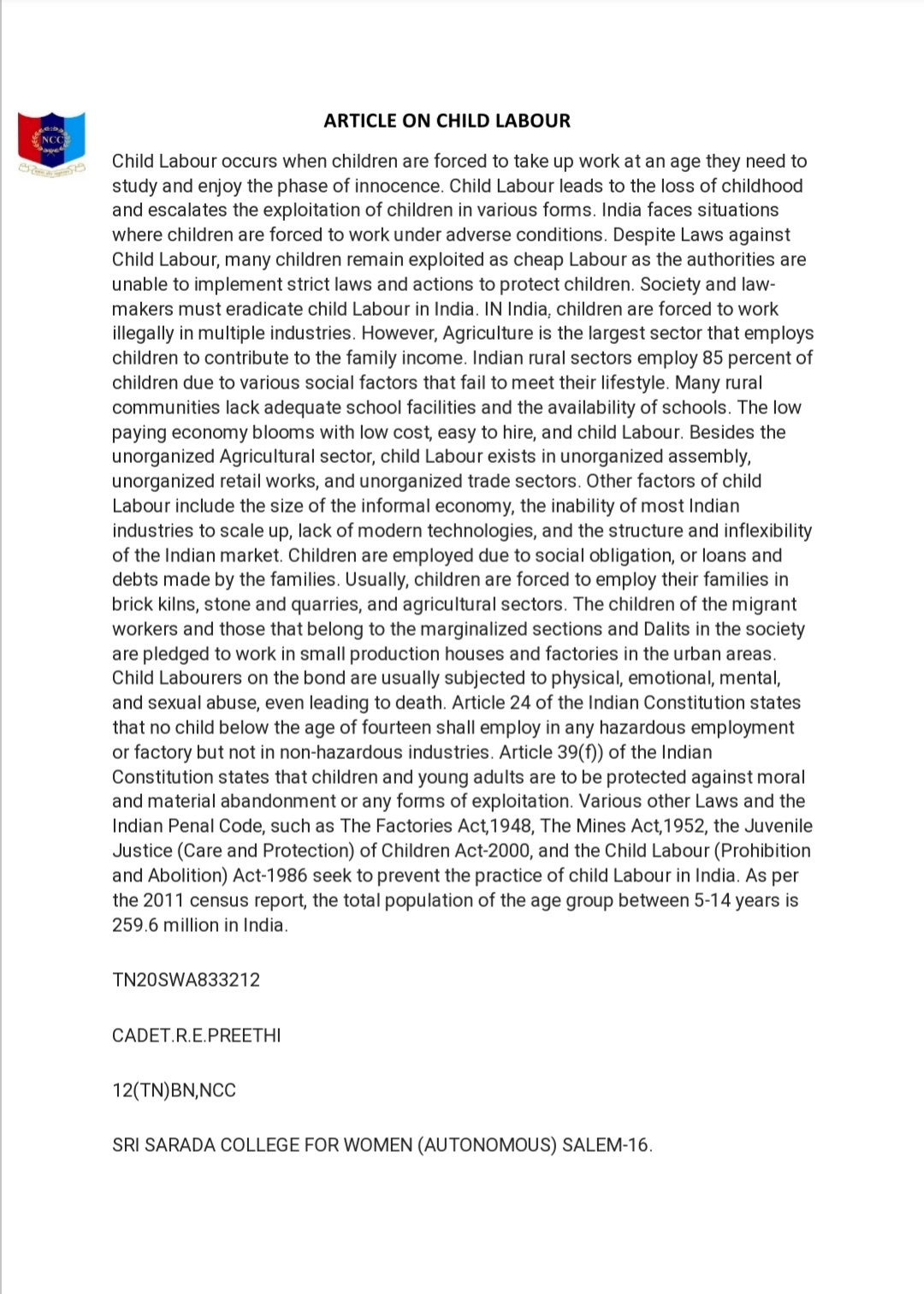 ARTICLE ON CHILD LABOUR – India NCC
