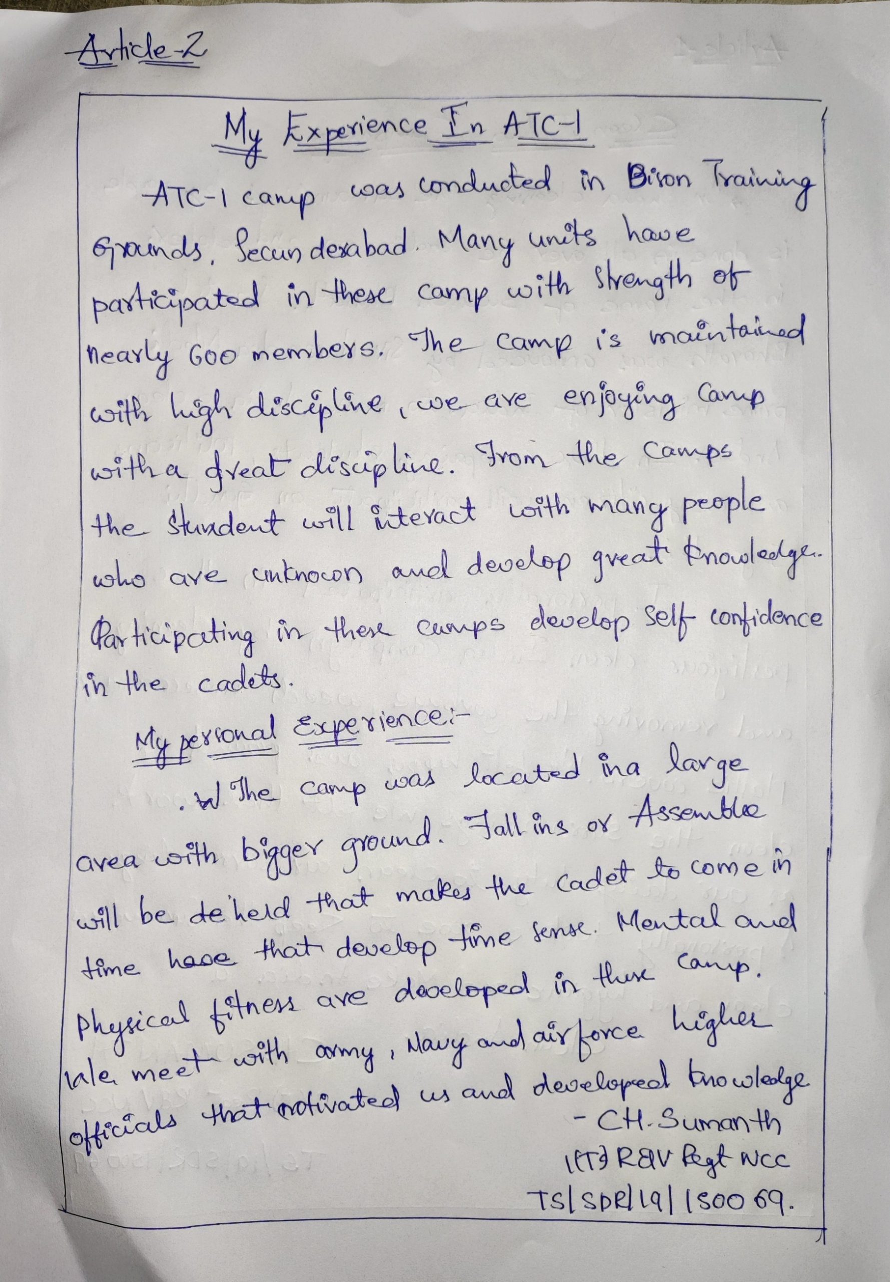 ARTICLE ON EXPERIENCE IN ATC-1 – India NCC