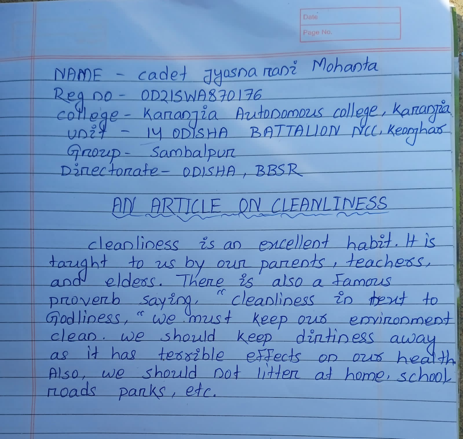 AN ARTICLE ON CLEANLINESS – India NCC