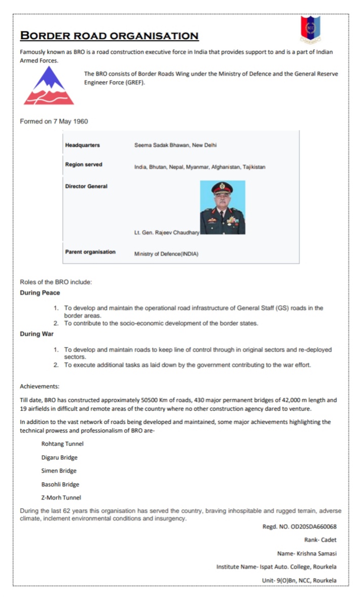 Border Road Organisatio, Article – India NCC