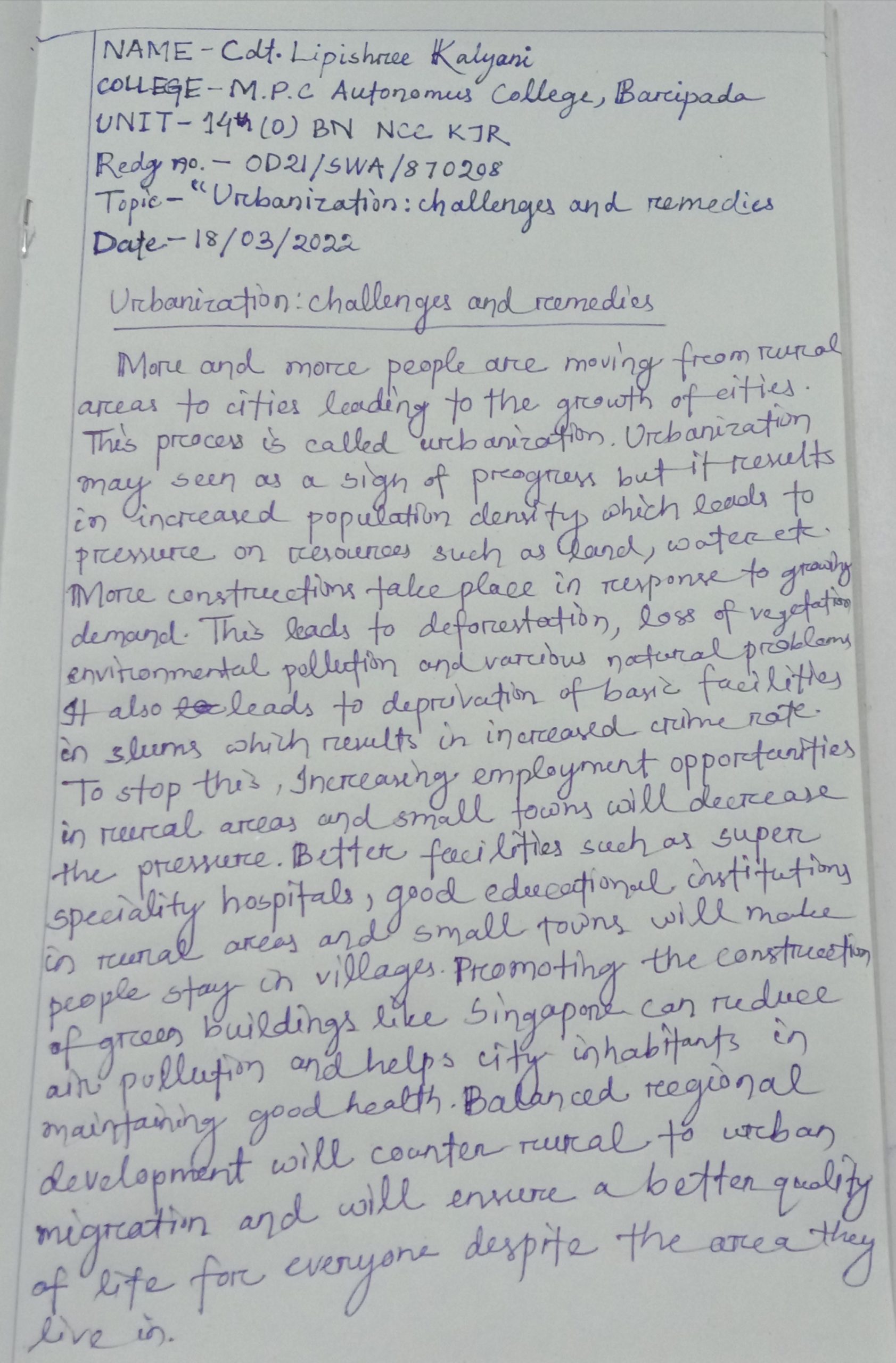 Urbanization:challenges and remedies – India NCC