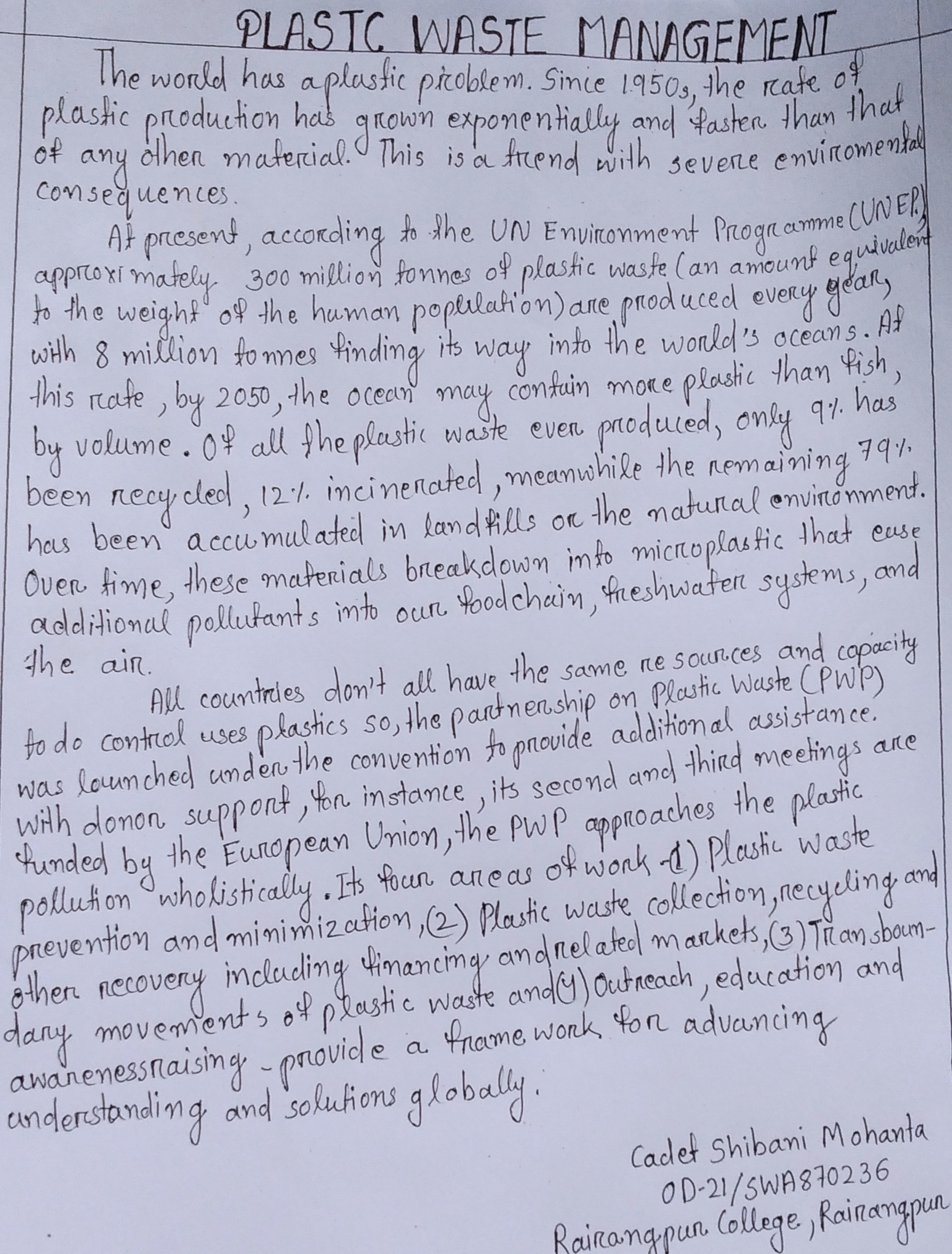 Article about Plastic Waste Management – India NCC