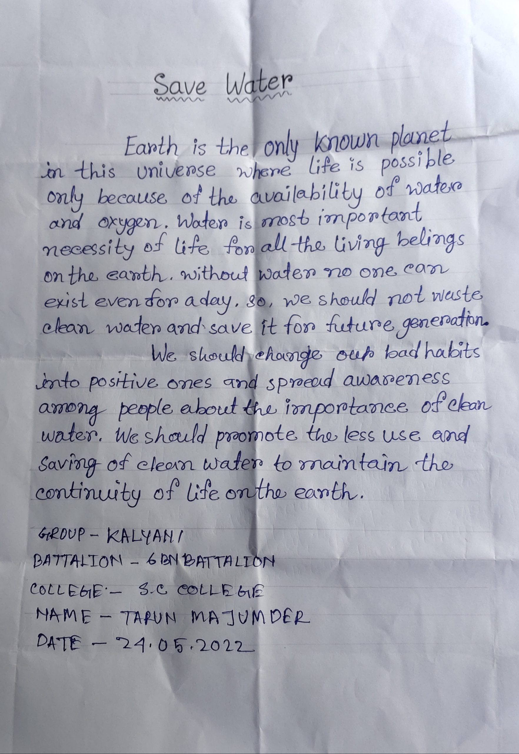 Save water – India NCC