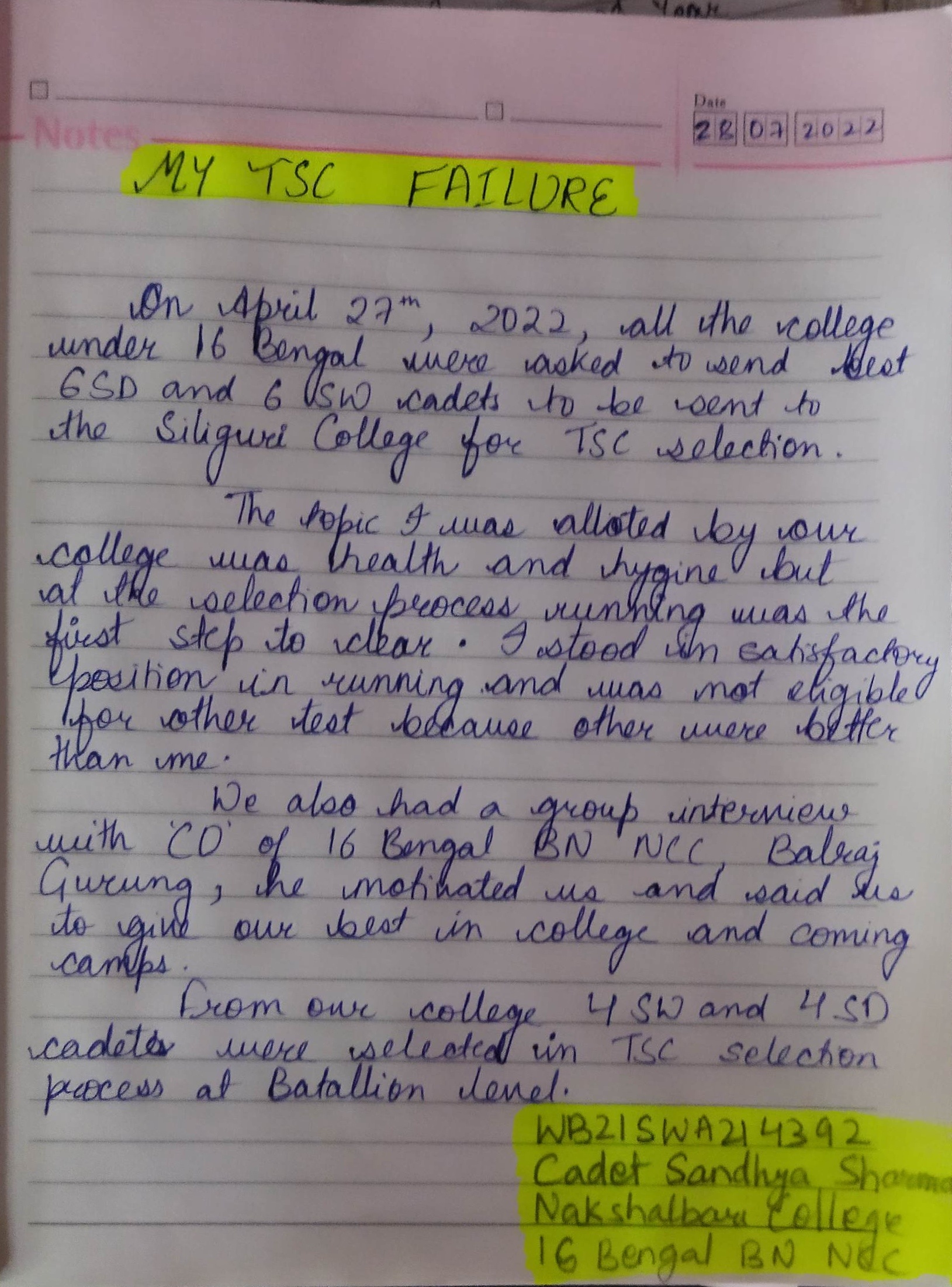 My TSC failure – India NCC