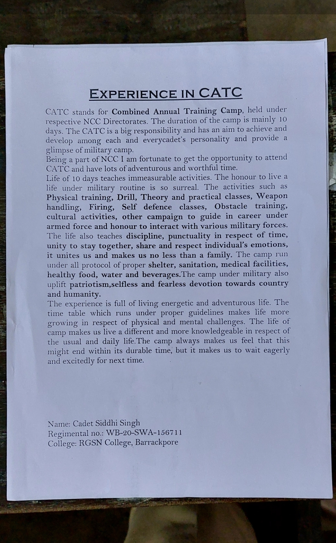 Experience in CATC – India NCC