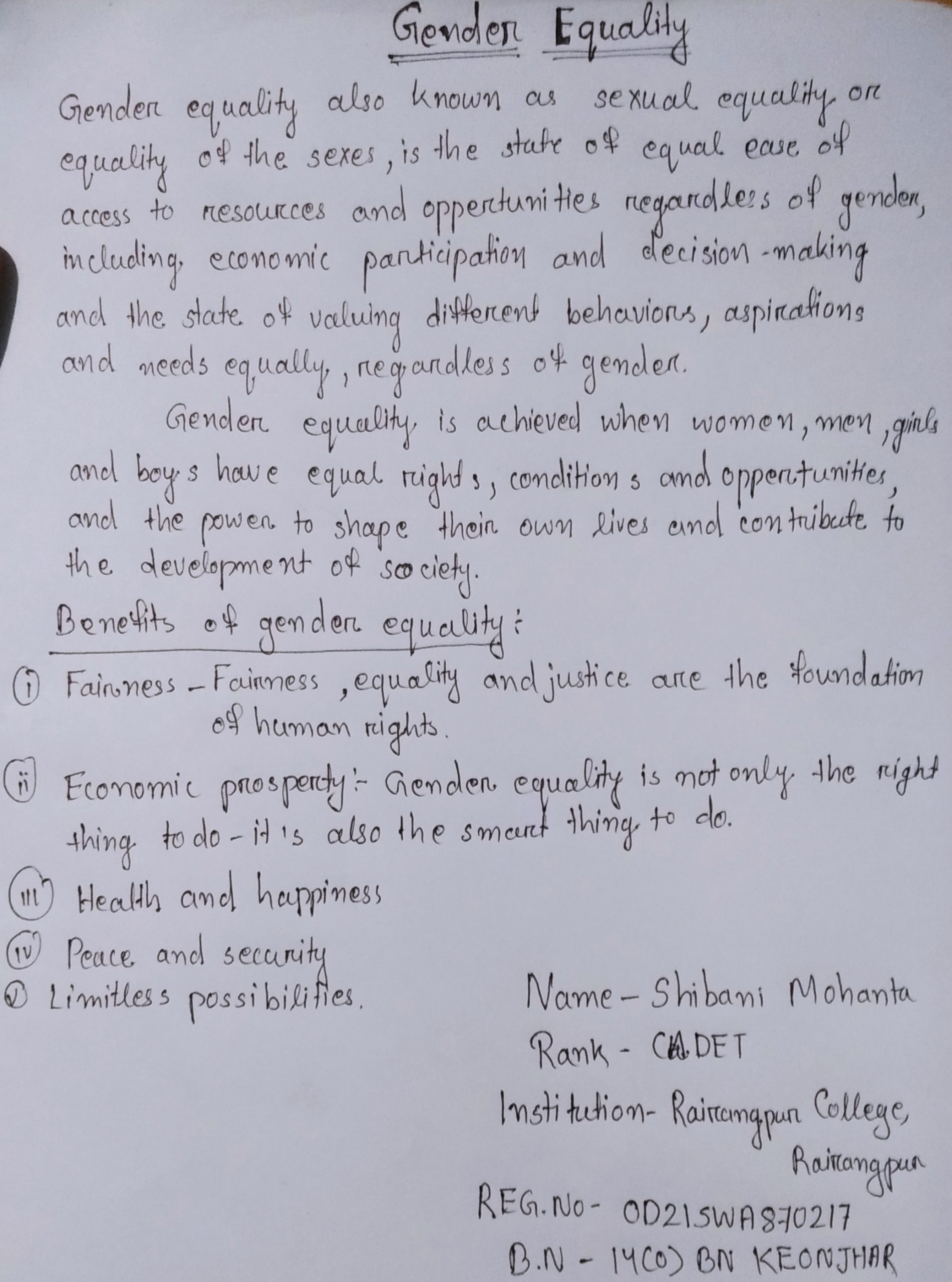 Article about Gender equality – India NCC