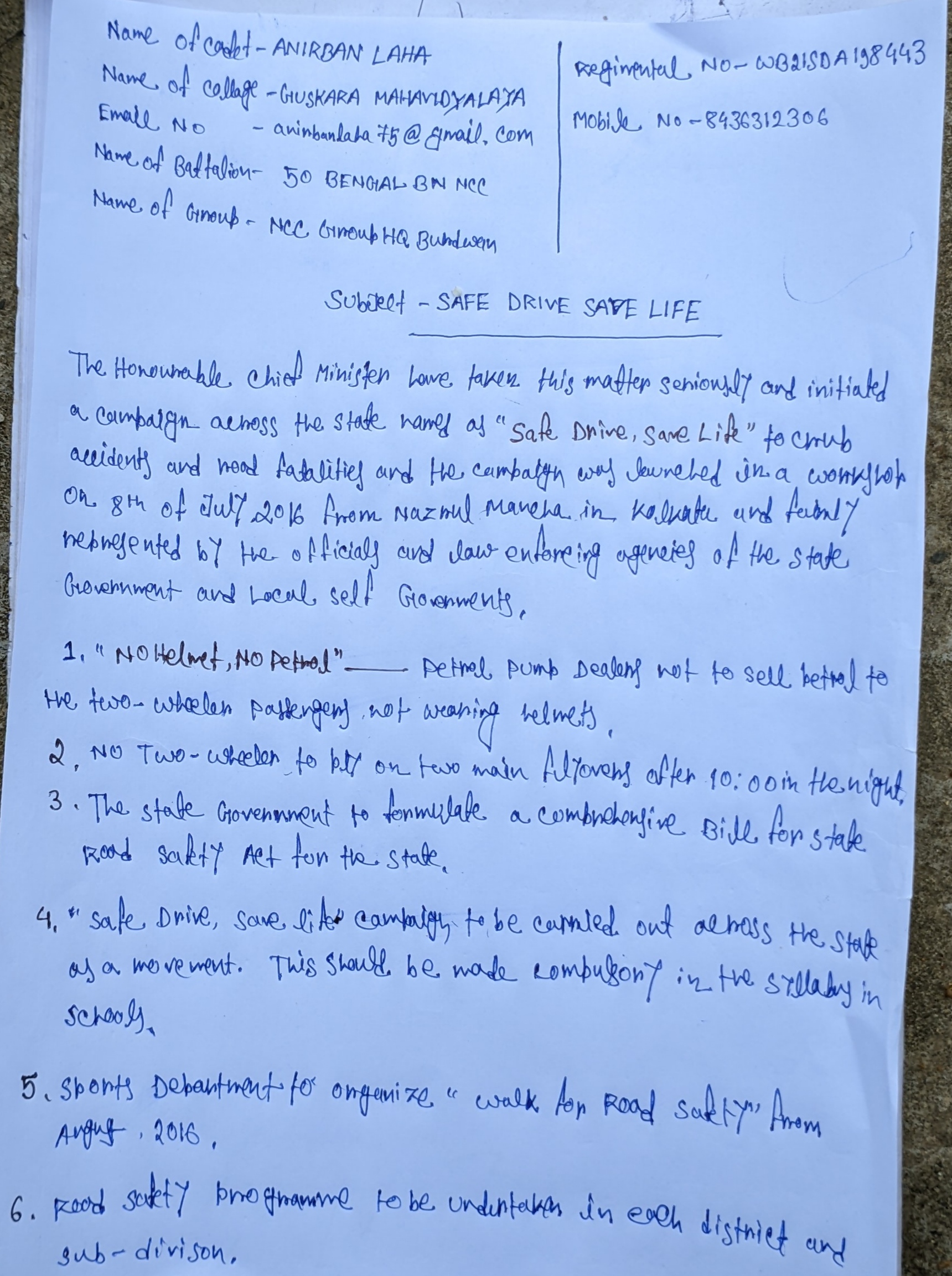 SAFE DRIVE SAVE LIFE – India NCC