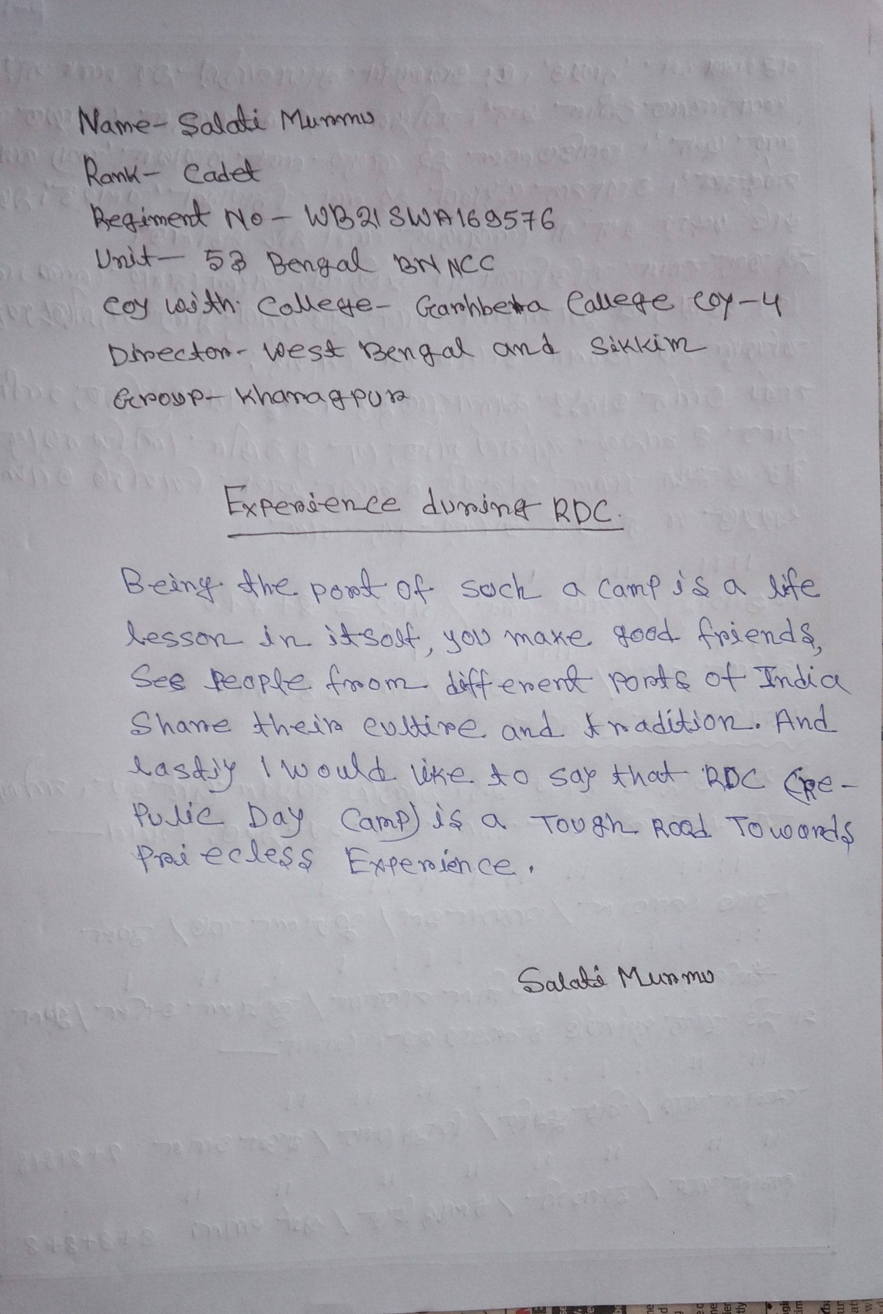 Experience during RDC – India NCC