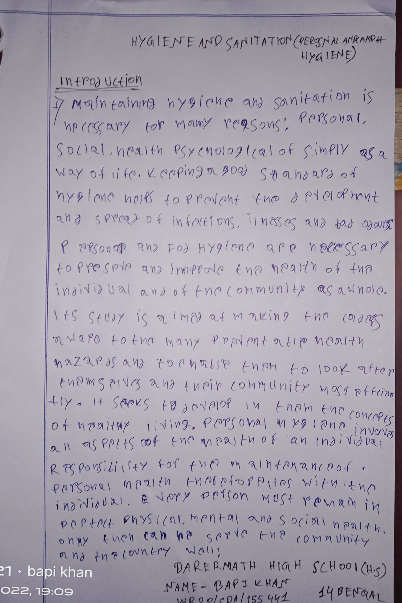 HYGIENE AND HEALTH – India NCC