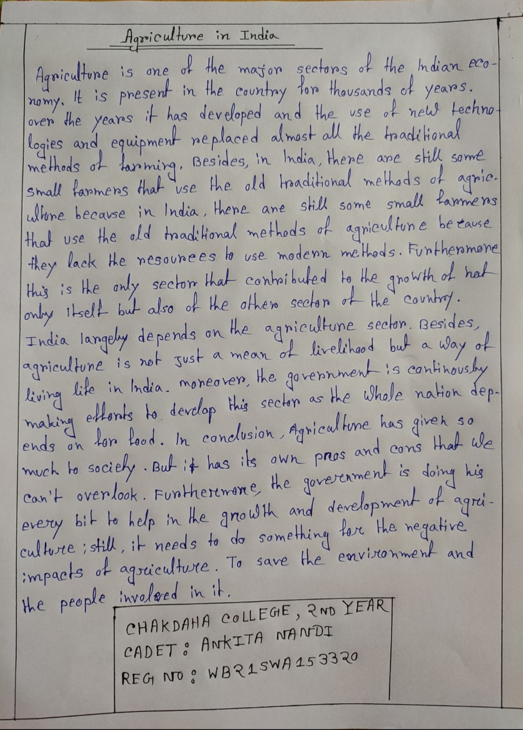 Article writing on Agriculture in India – India NCC