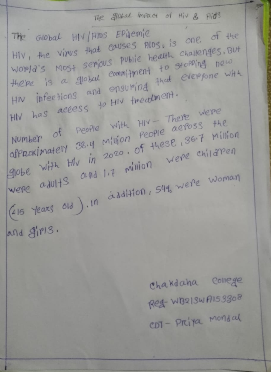Article writing on Global impact of HIV and AIDS – India NCC